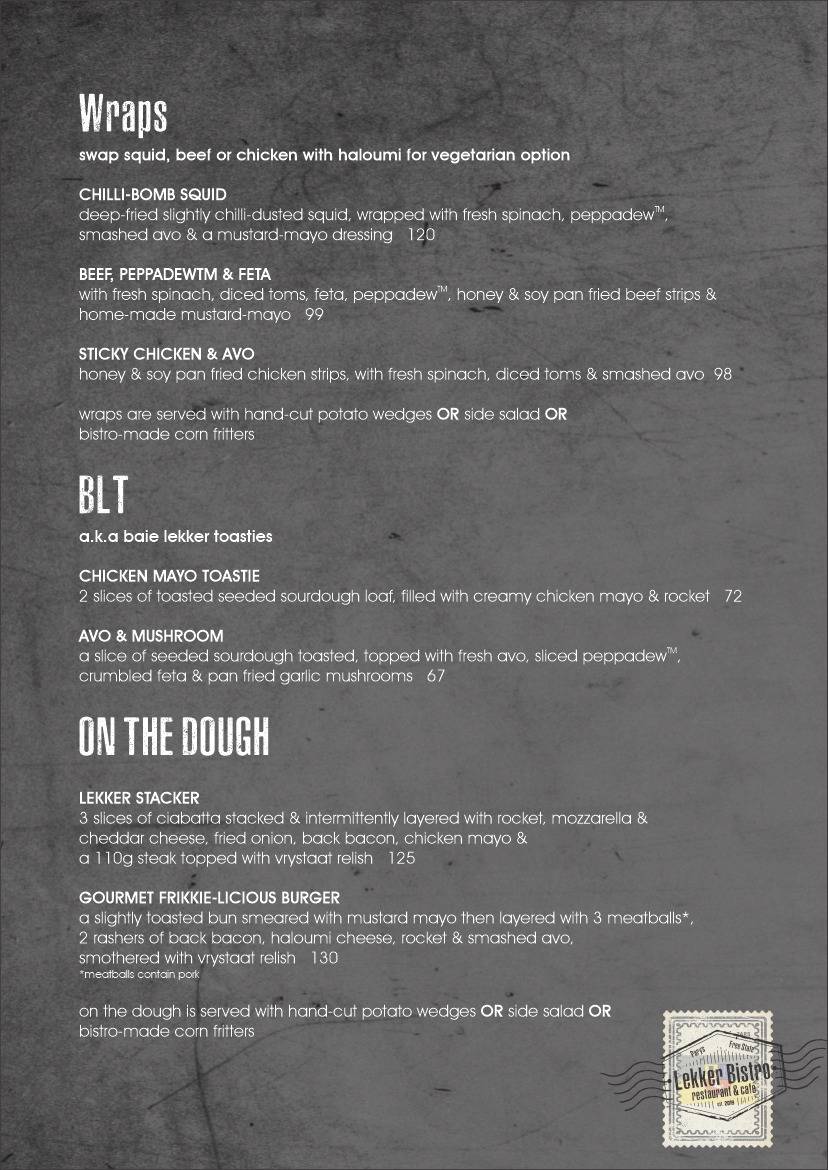 Menu at Just Lekker - all things food! restaurant, Parys, 18 Steytler St