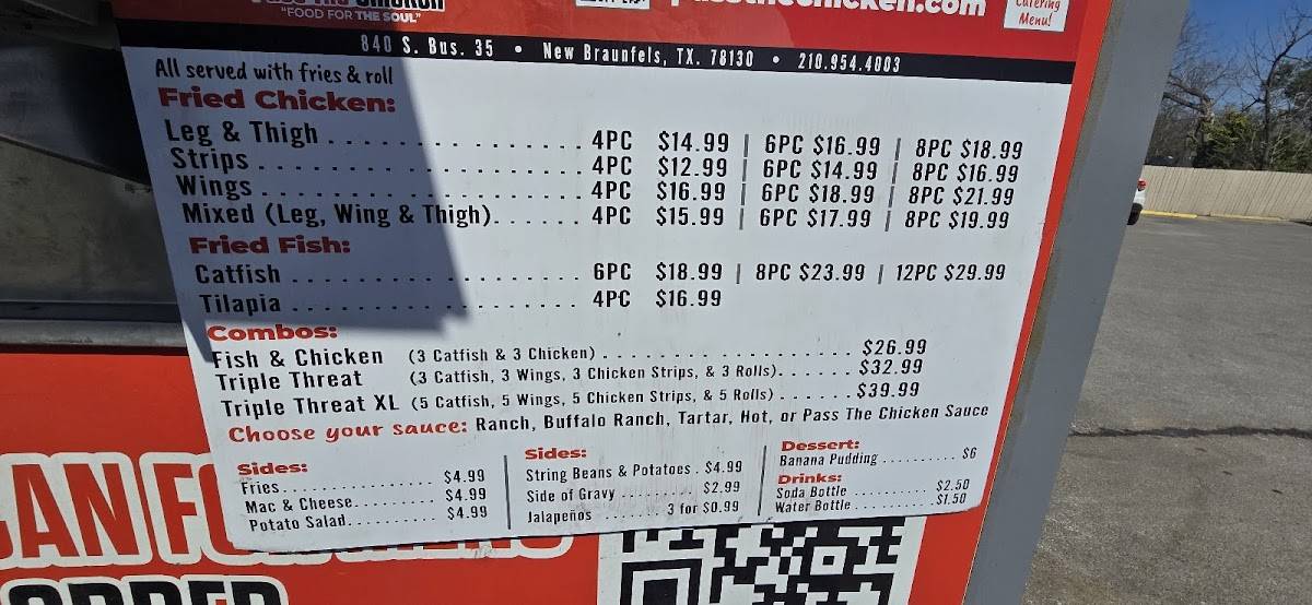 Menu at Pass The Chicken restaurant, New Braunfels
