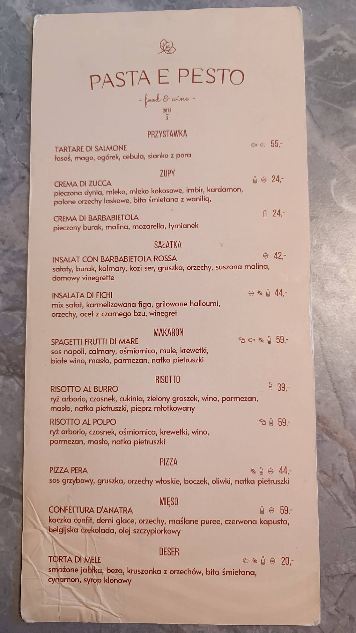 Menu at Pasta e Pesto restaurant, Kolobrzeg, Spacerowa 41