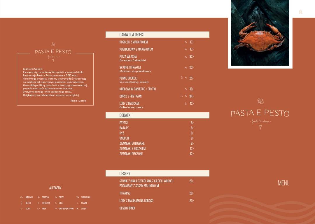 Menu at Pasta e Pesto restaurant, Kolobrzeg, Spacerowa 41