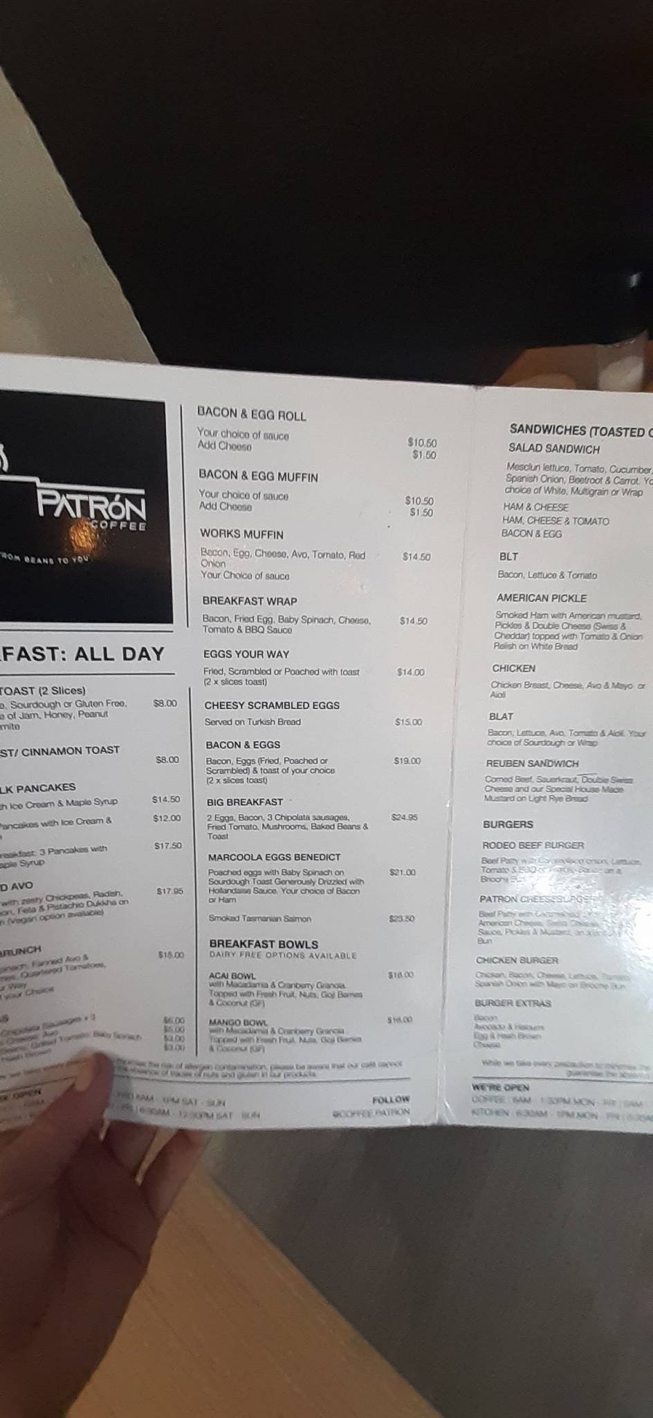 Carta del café Patrón Coffee, Marcoola