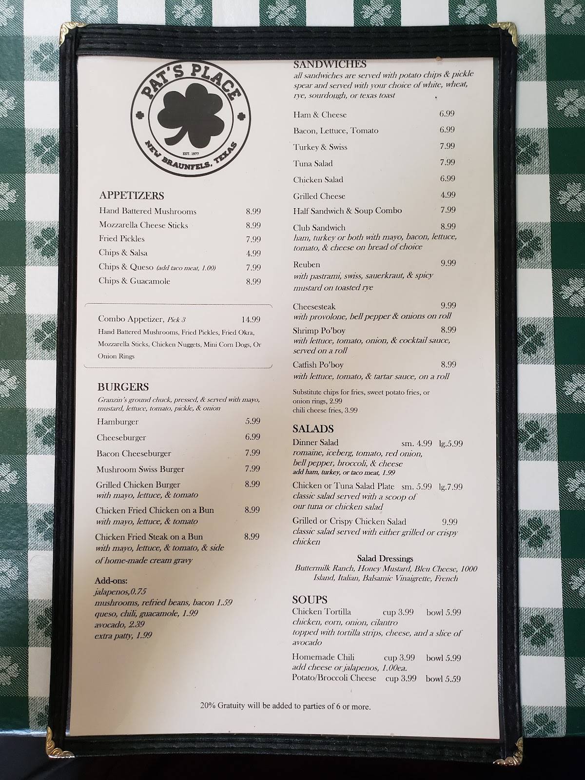 Menu at Pat's Place restaurant, New Braunfels