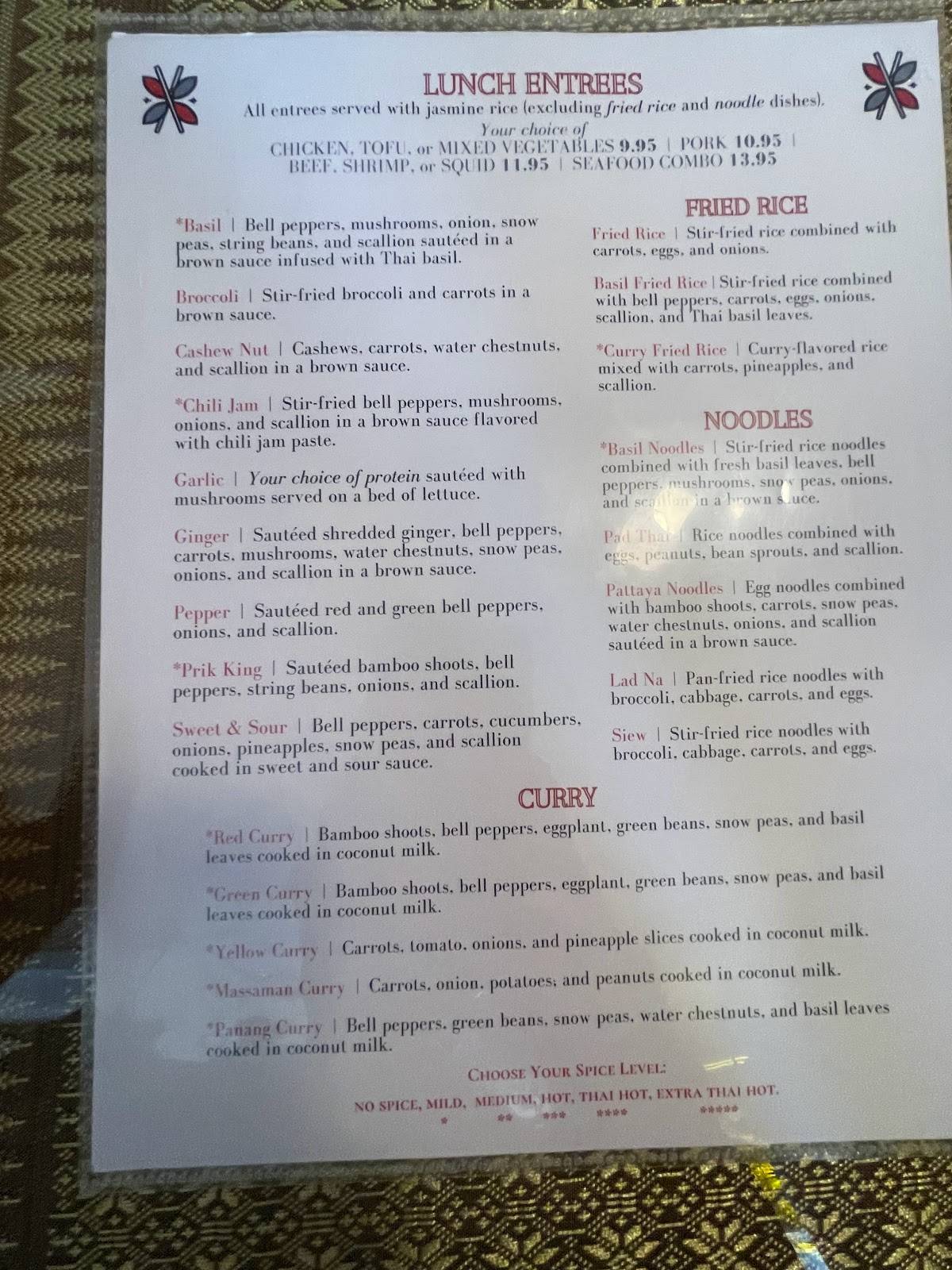 Menu at Pattaya Thai Restaurant, Clearwater