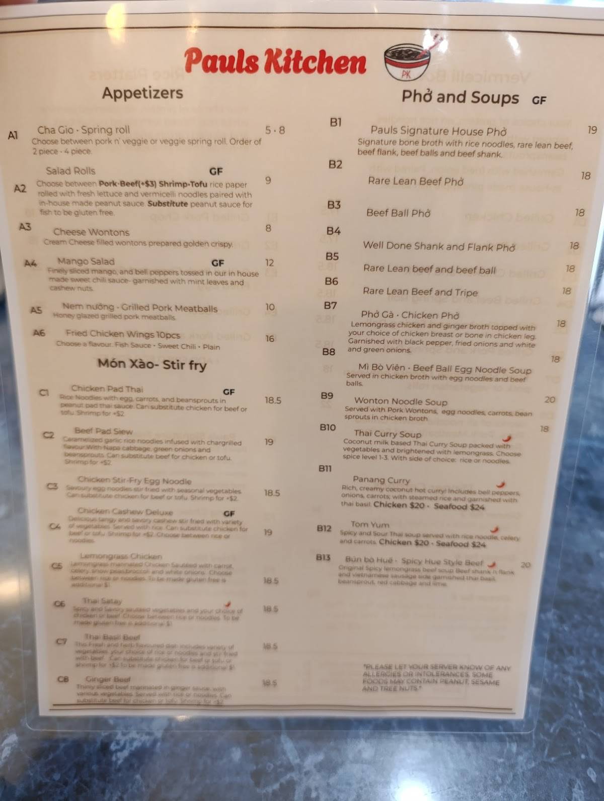 Menu at Paul's Kitchen Viet Thai Restaurant, Lethbridge