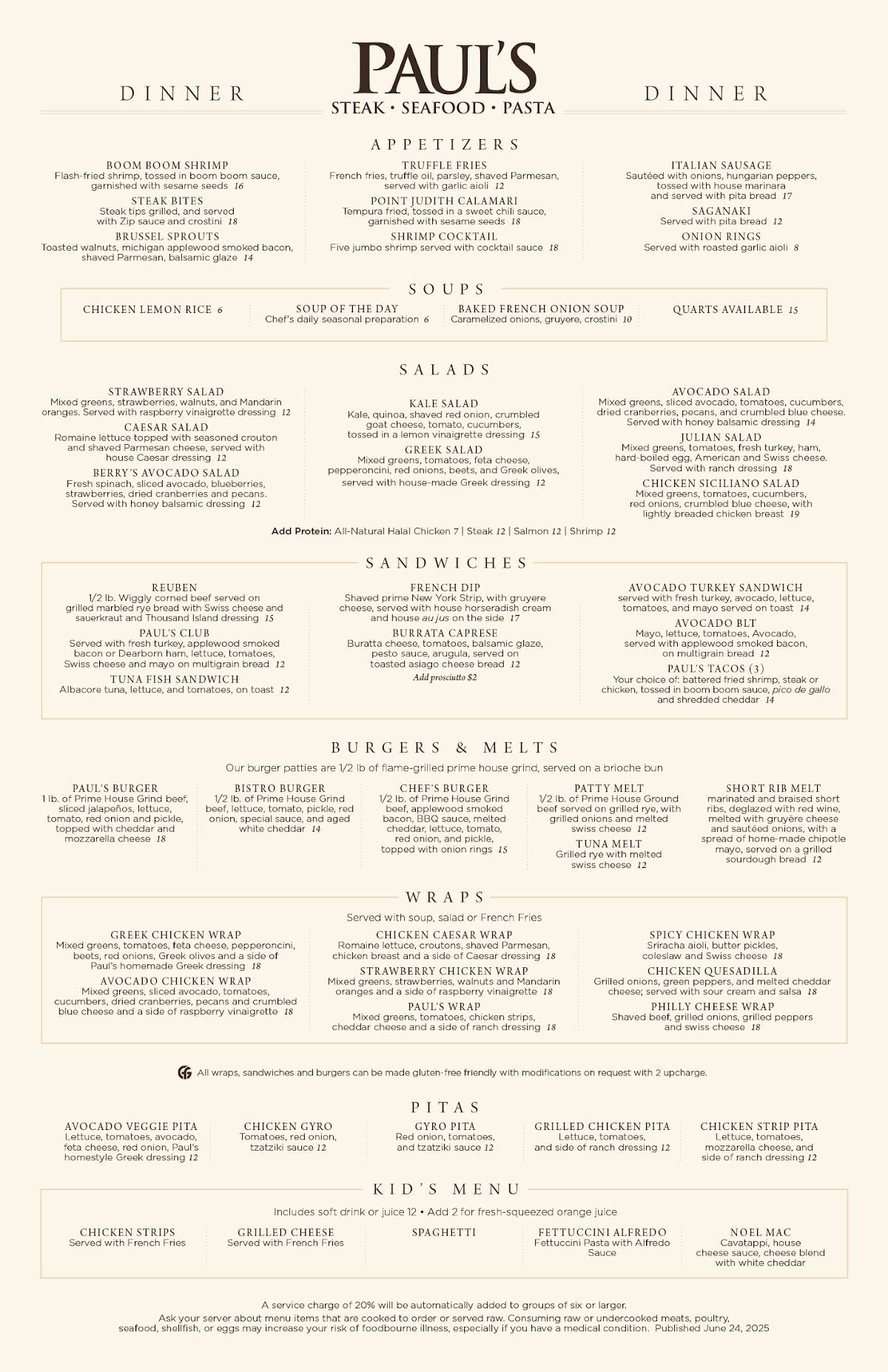 Menu at Paul's On Main Street restaurant, Rochester