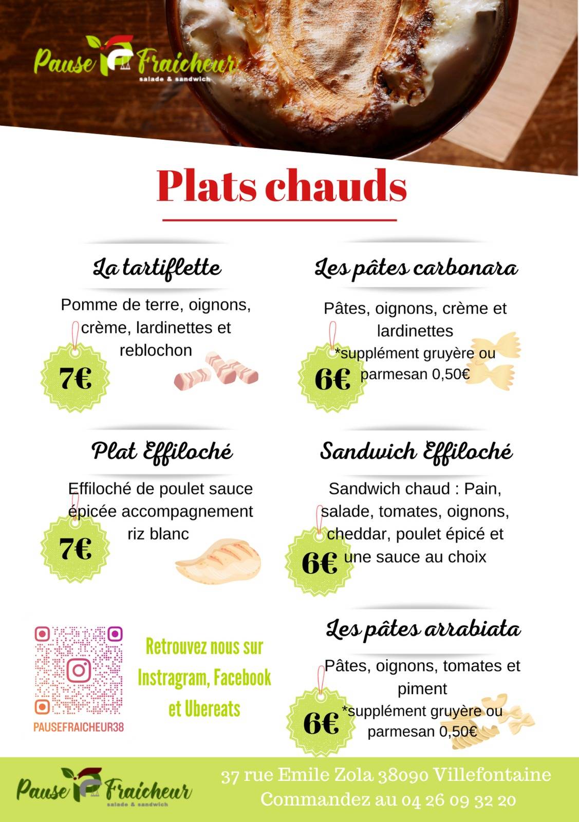 Menu au Pause Fraîcheur restaurant, Villefontaine