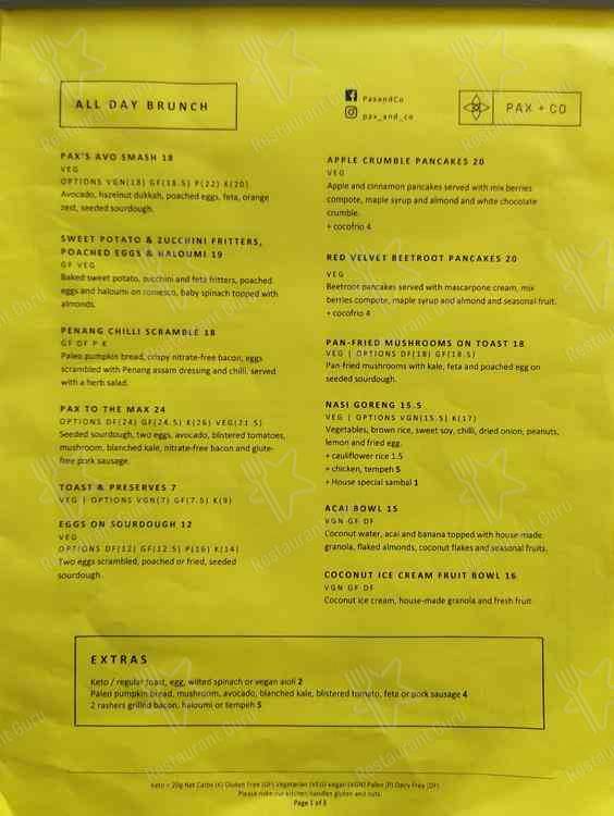 Menu at Pax + Co restaurant, Perth