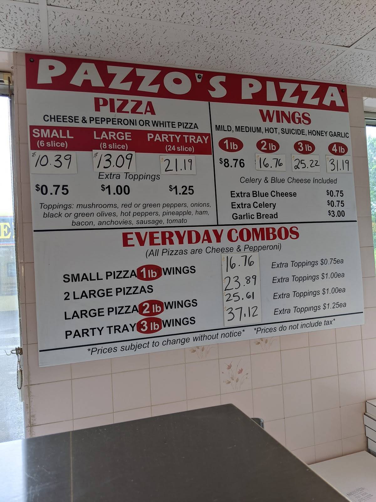 Menu at Pazzo's Pizzeria Dunnville, Canada