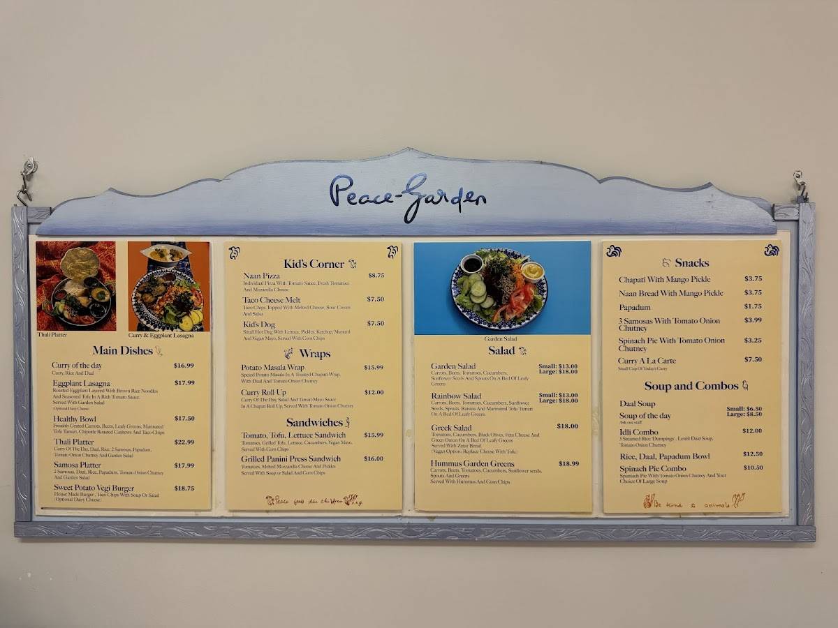 Menu at Peace-Garden Vegetarian restaurant, Ottawa