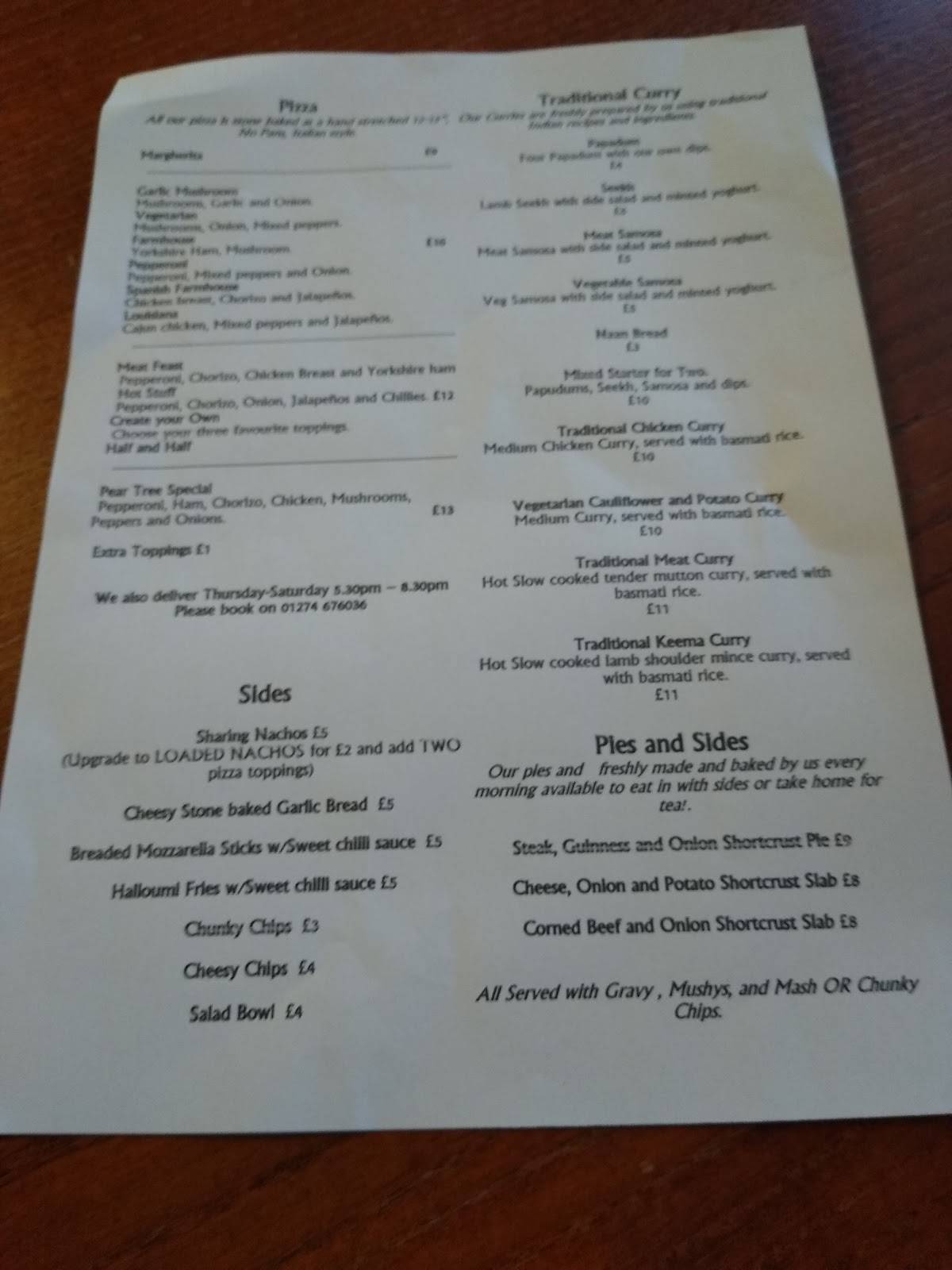 Menu at Pear Tree pub & bar, Halifax
