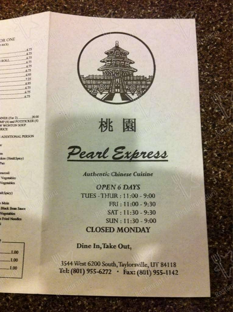 Menu at Pearl Express restaurant, Taylorsville