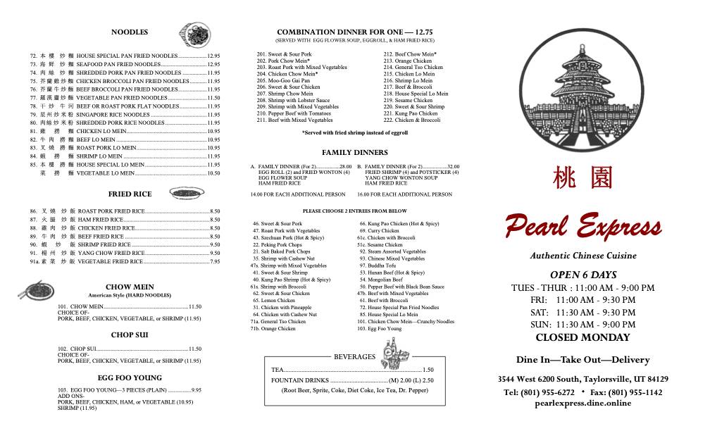 Menu at Pearl Express restaurant, Taylorsville