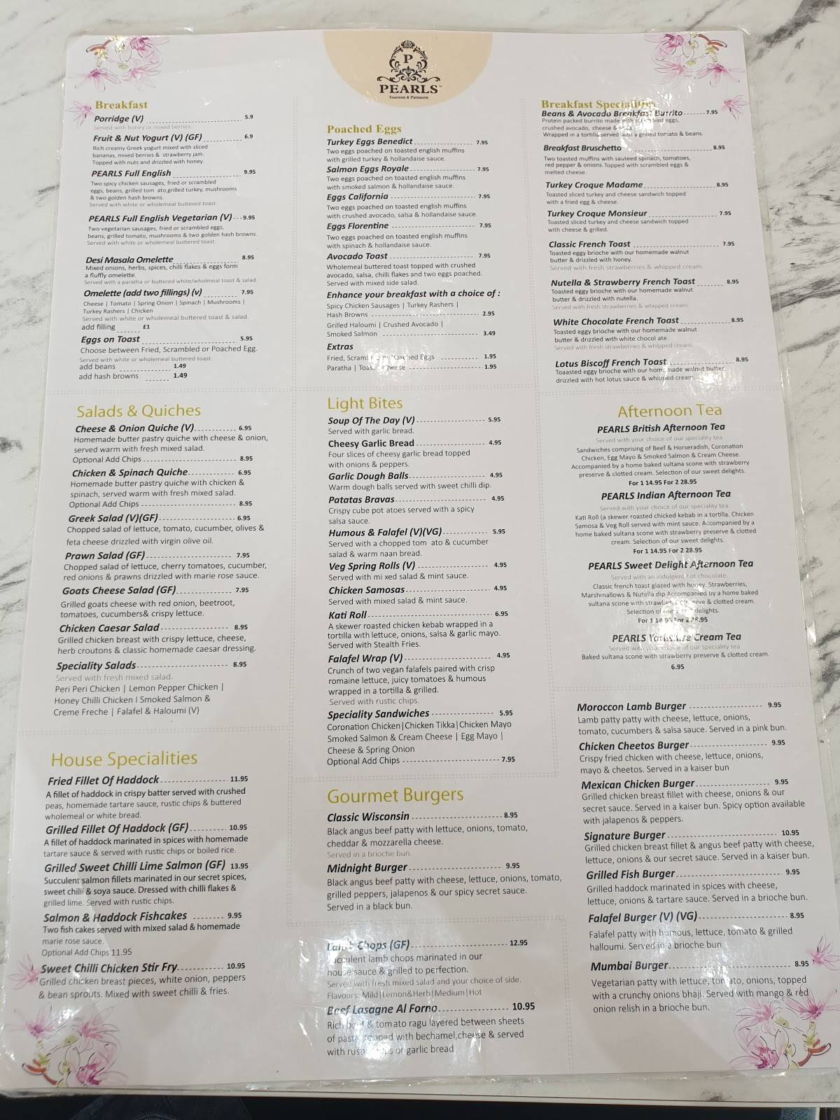 Menu at Pearls Tearoom & Patisserie cafe, Bradford