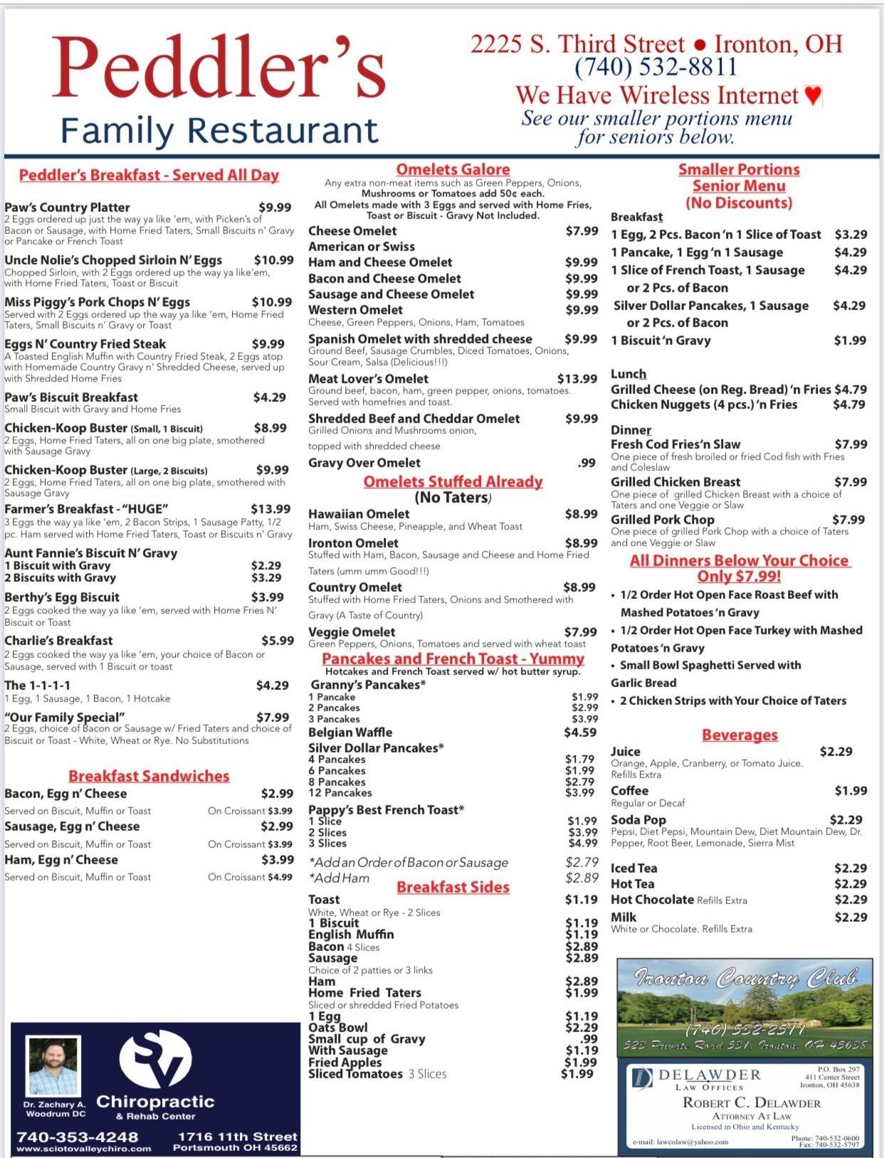 Menu at Peddler's Home Cooking restaurant, Ironton
