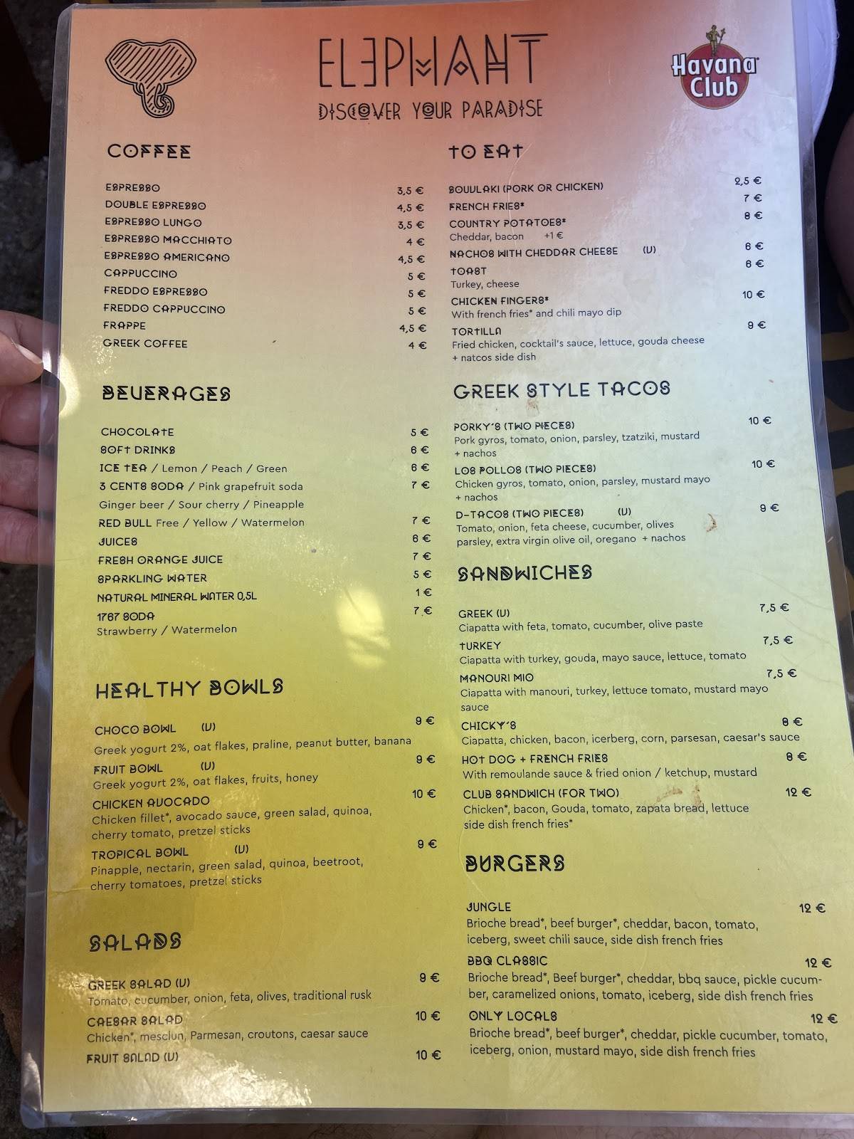 Menu at Elephant Beach Bar, Pefkochori