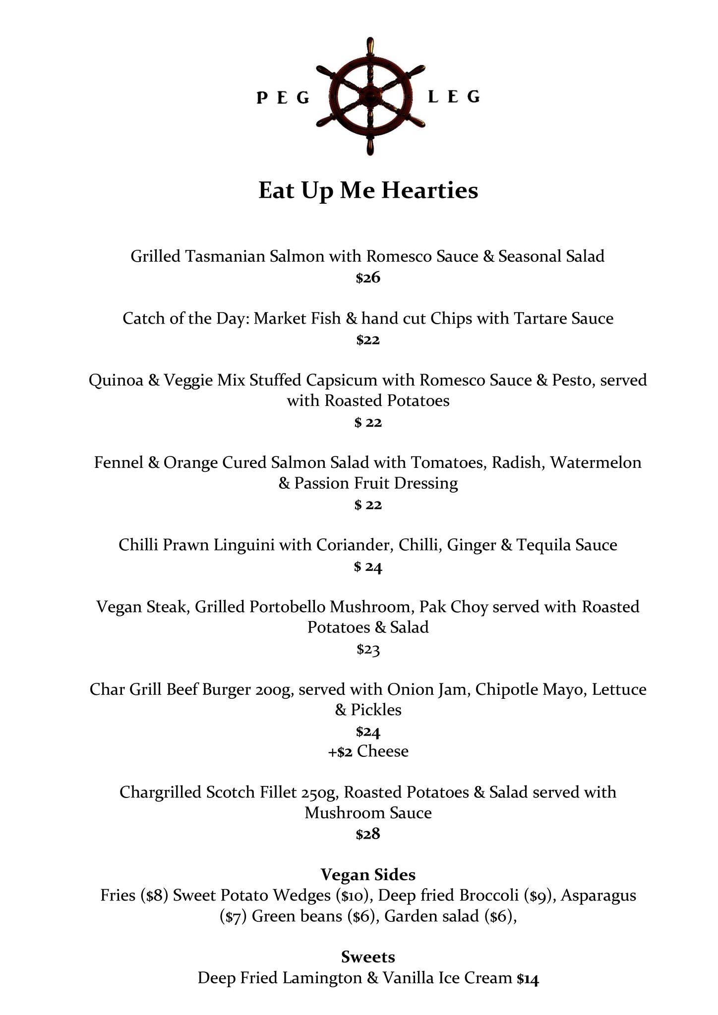 Menu at Peg Leg Tavern pub & bar, Pyrmont