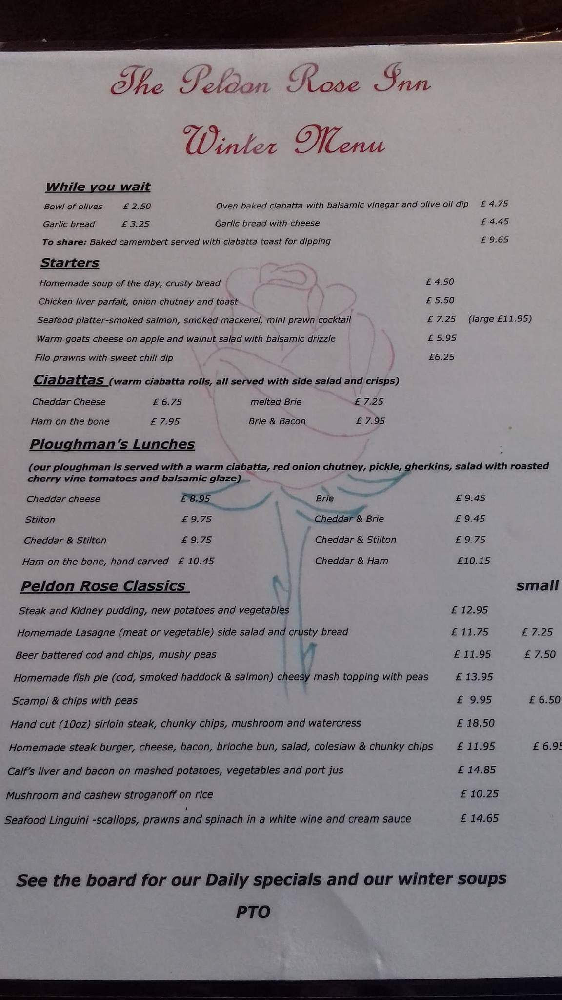 Menu at Peldon Rose Inn pub & bar, Colchester