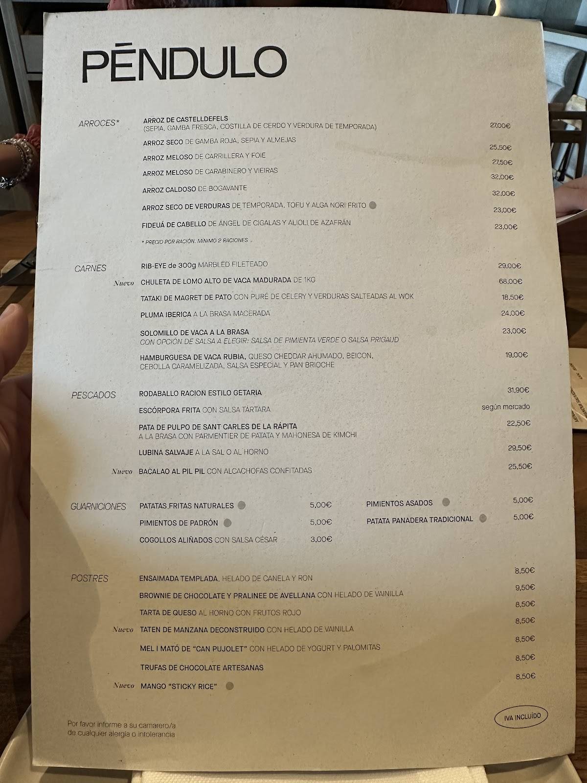 Menu at Péndulo Beach Club, Castelldefels