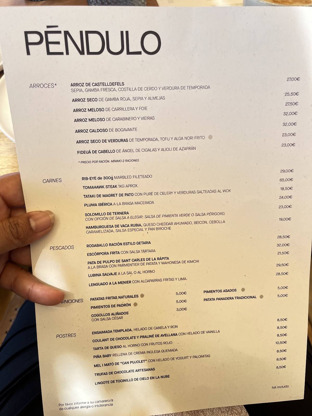 Carta de Restaurante Beach Club El Péndulo, Casteldefels