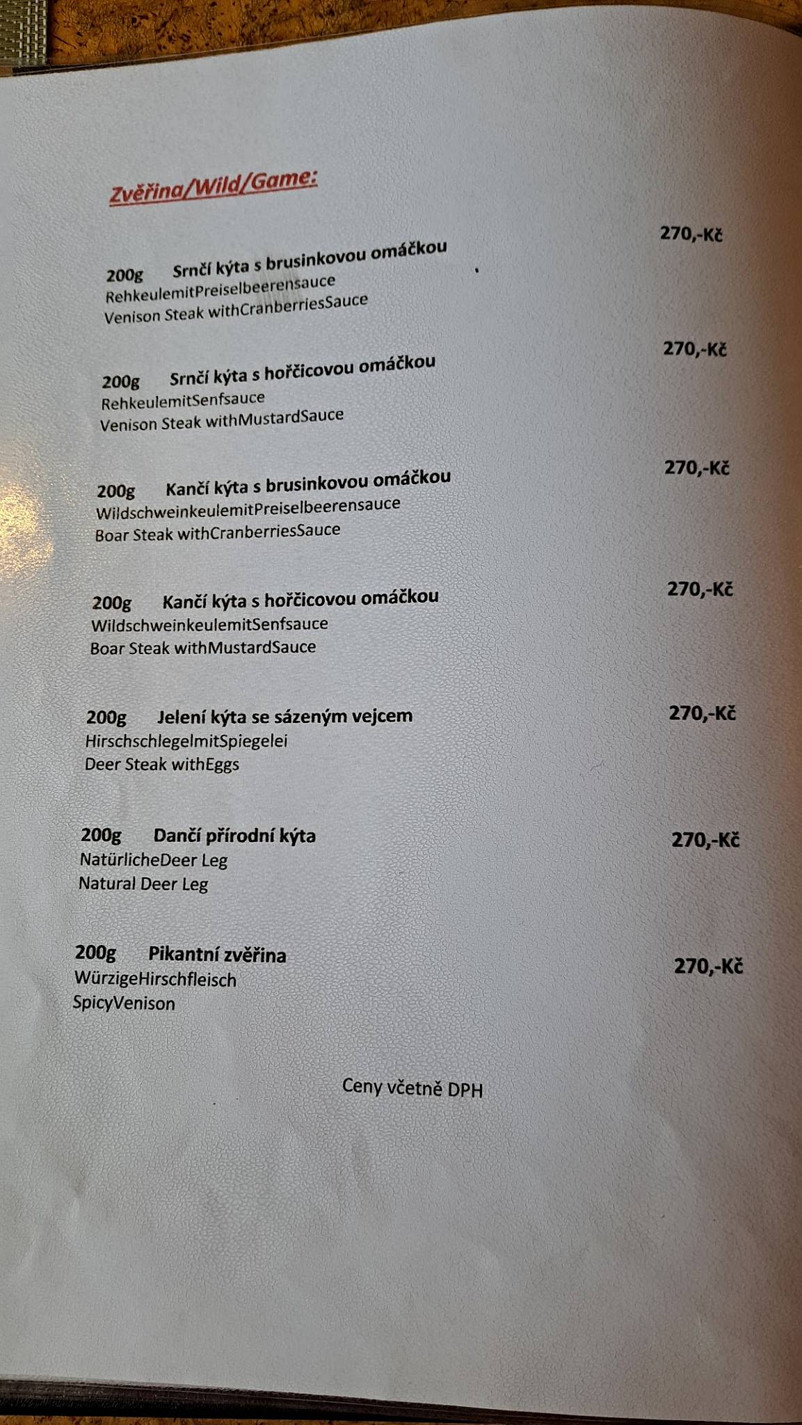 Menu at Pension Rybářská Bašta restaurant, Rožmberk nad Vltavou