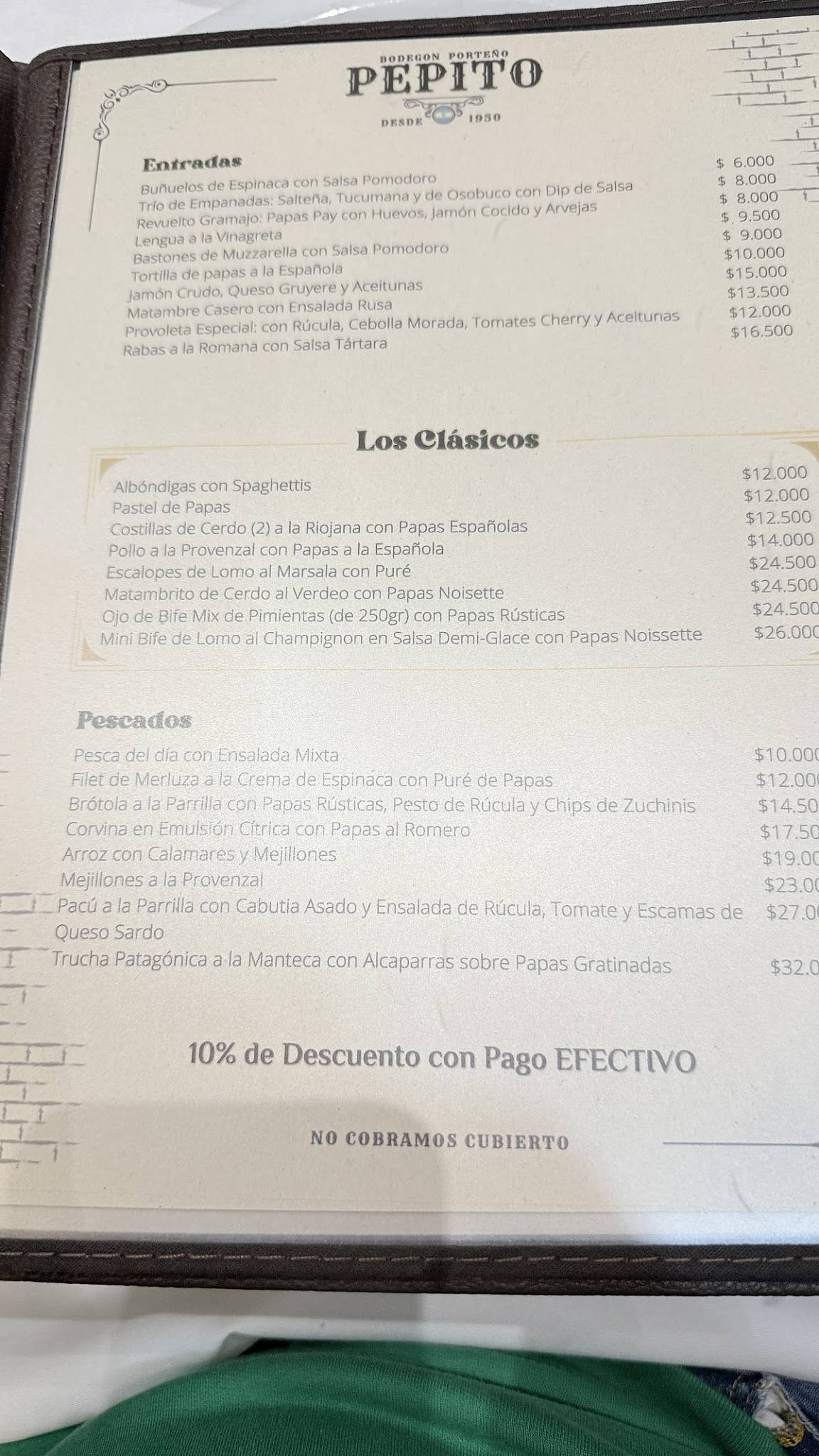 Carta del restaurante Pepito Bodegón, Buenos Aires
