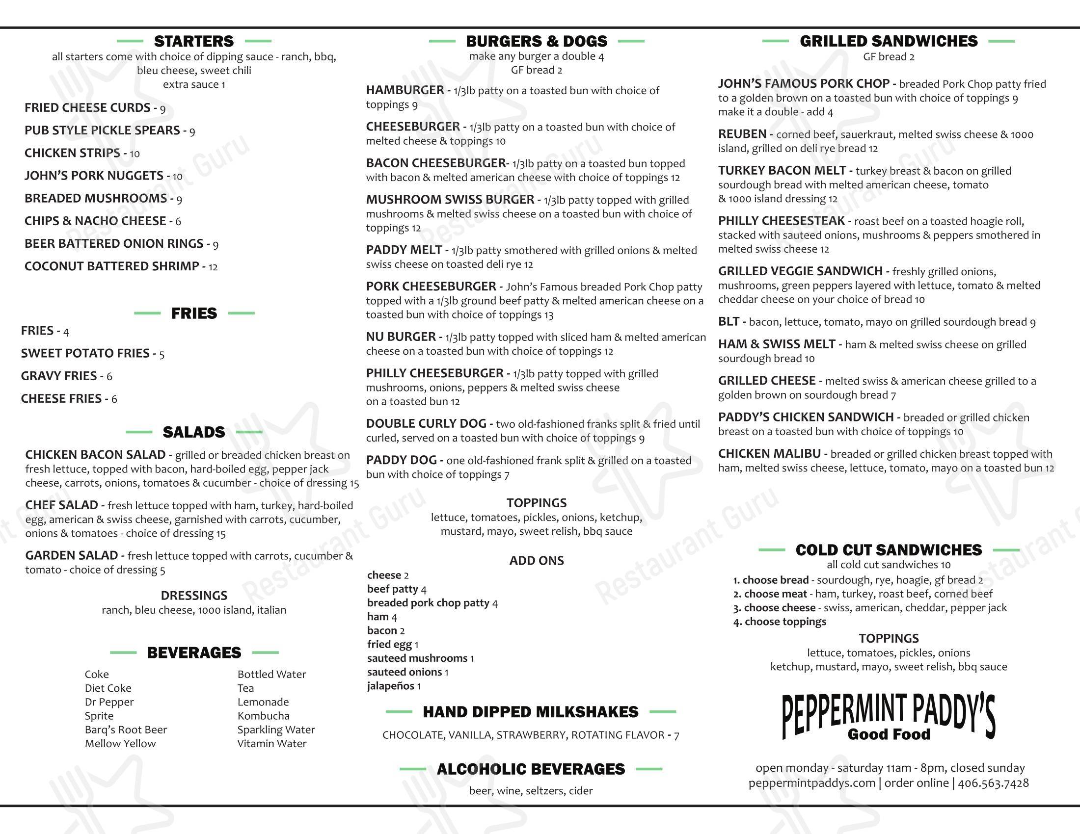 Menu at Peppermint Paddy’s restaurant, Anaconda