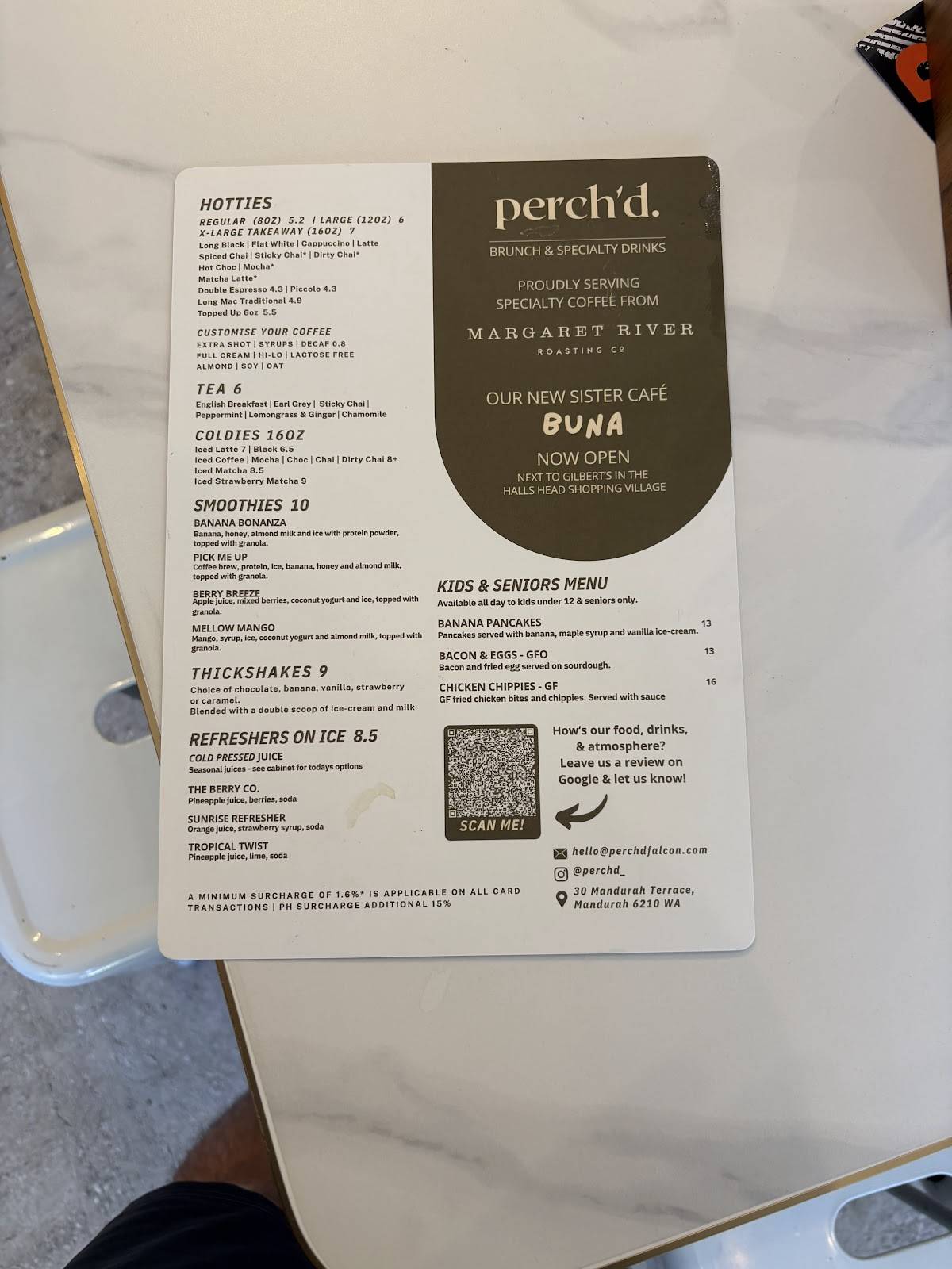 Menu at Perch’d restaurant, Mandurah