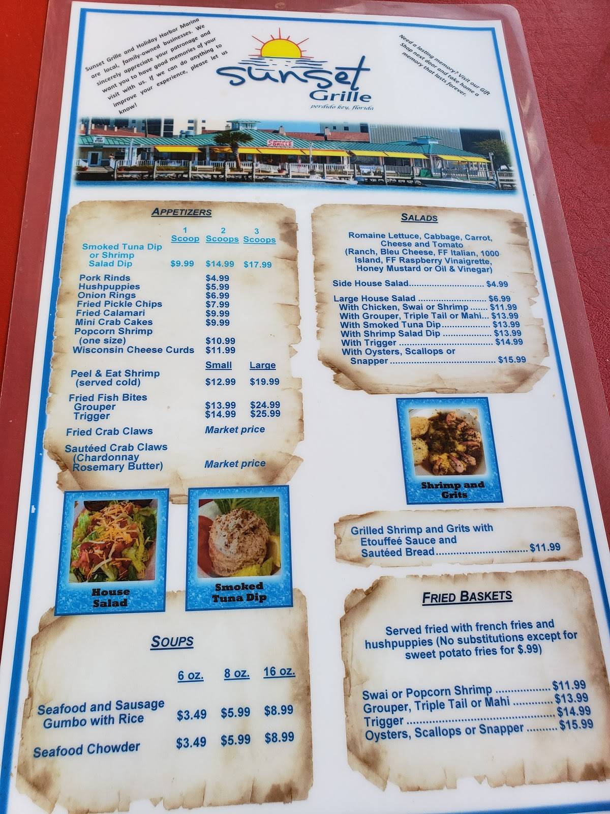 Menu at Sunset Grille restaurant, Perdido Key