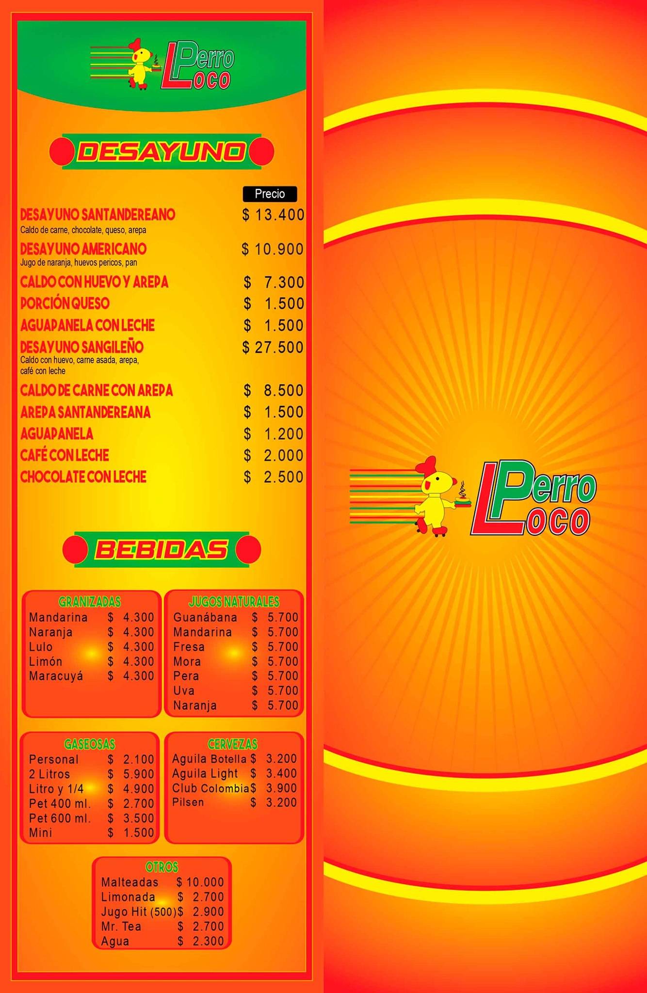 Carta del restaurante Perro Loco, Bucaramanga, Tv. 29 #105-06