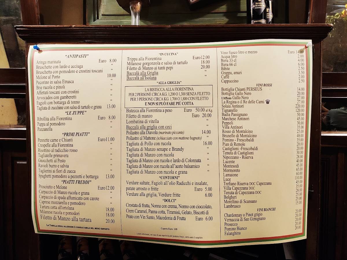 Menu at Perseus steakhouse, Florence