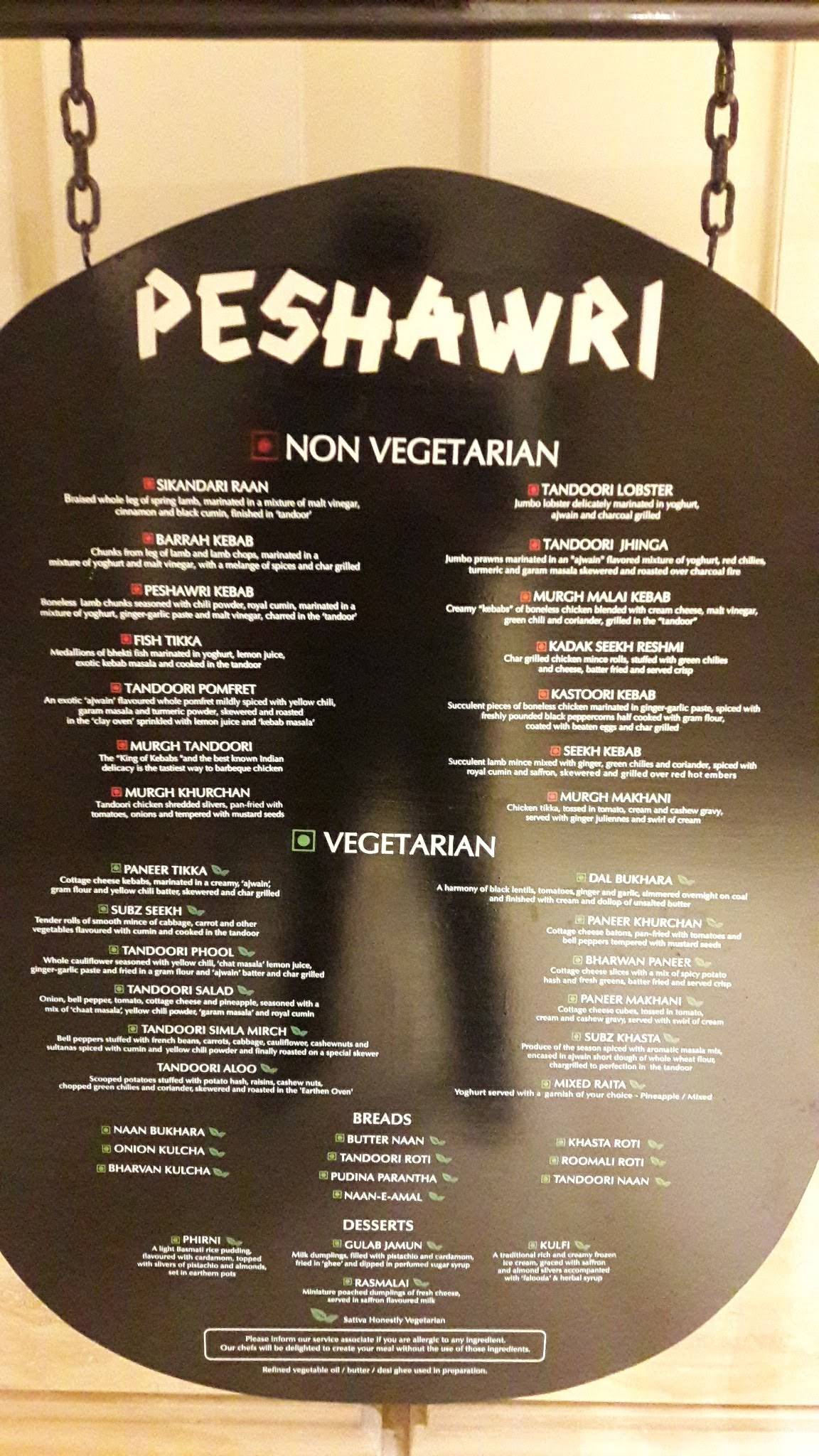 Menu at Peshawri, Chennai, ITC Grand Chola Hotel