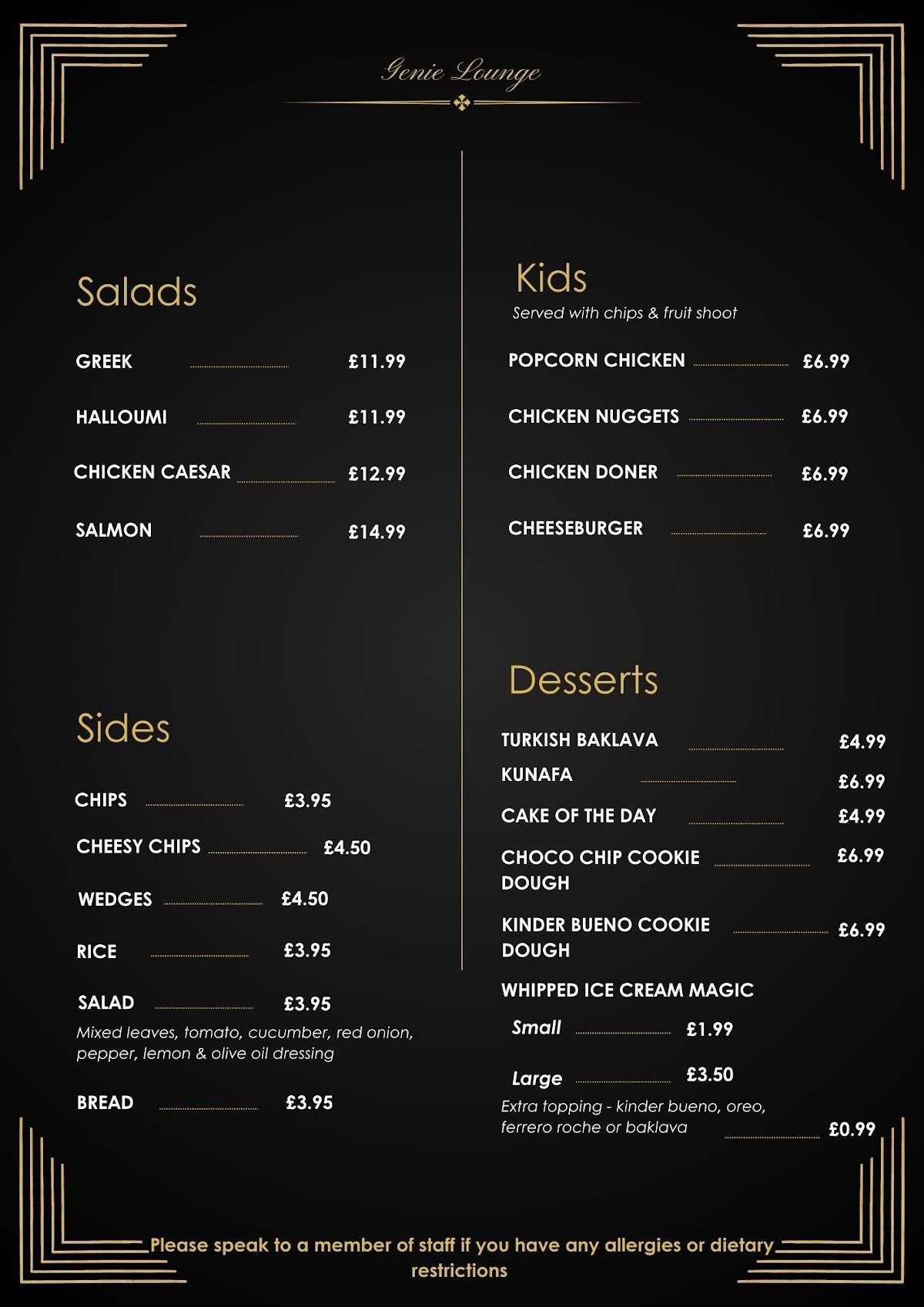 Menu at The Genie Lounge restaurant, Peterborough