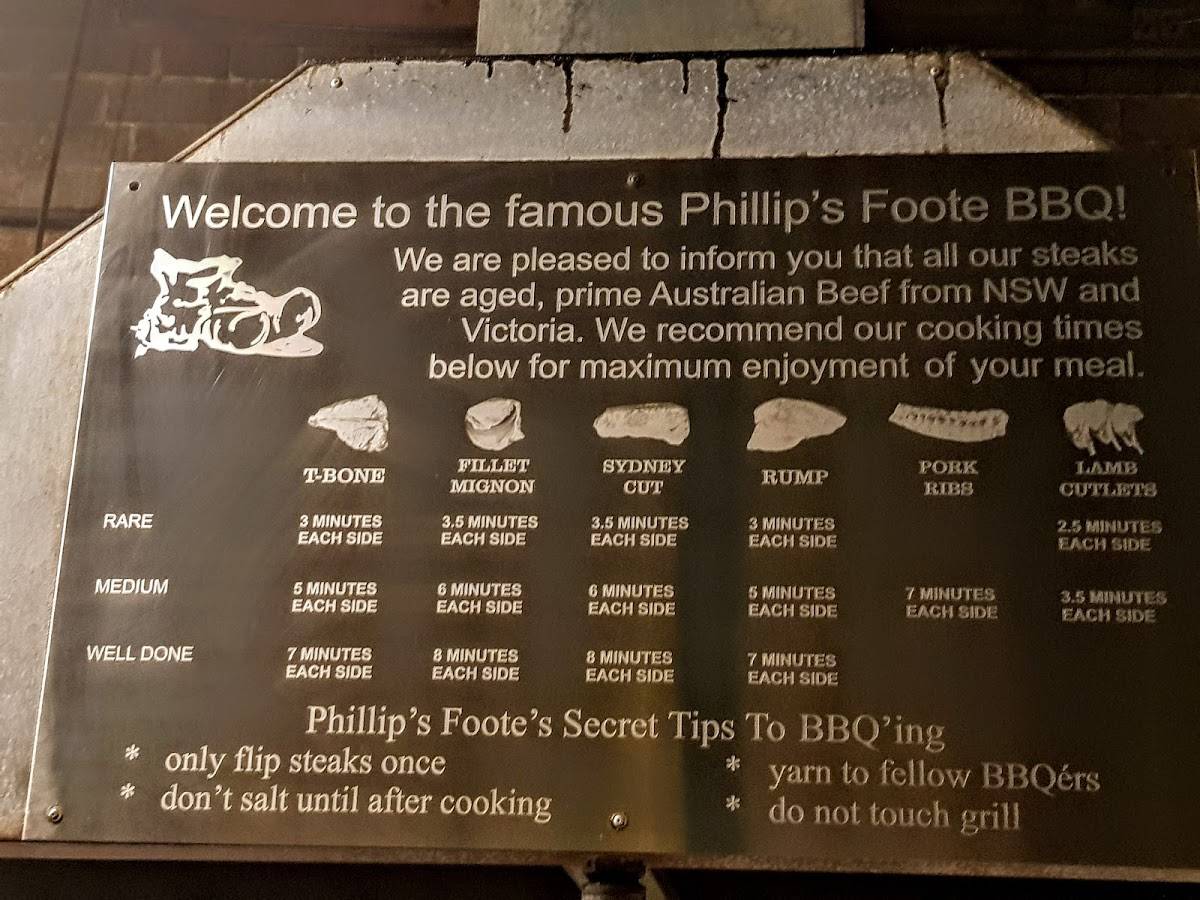 Menu at Phillip's Foote steakhouse, The Rocks