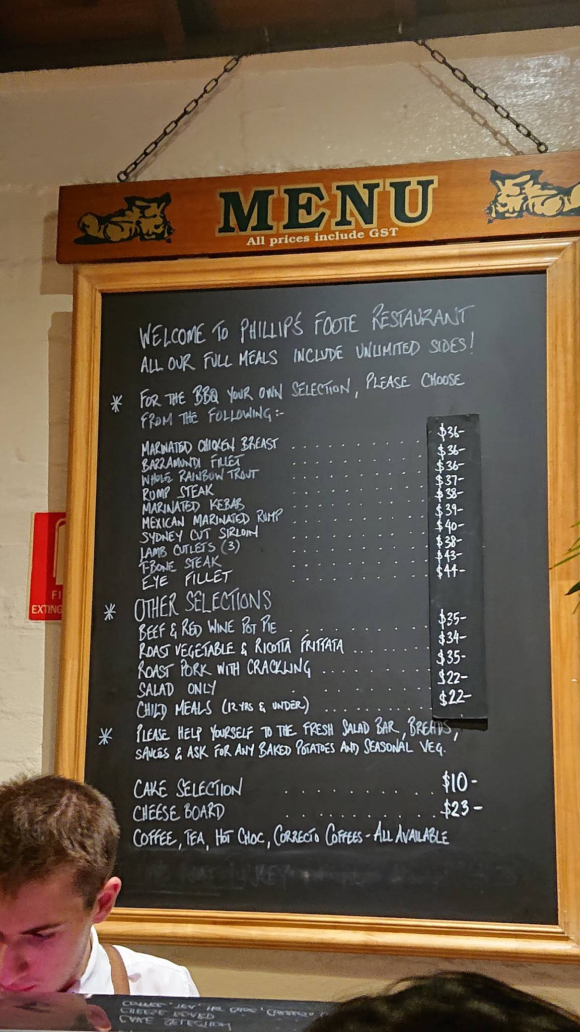 Menu at Phillip's Foote steakhouse, The Rocks