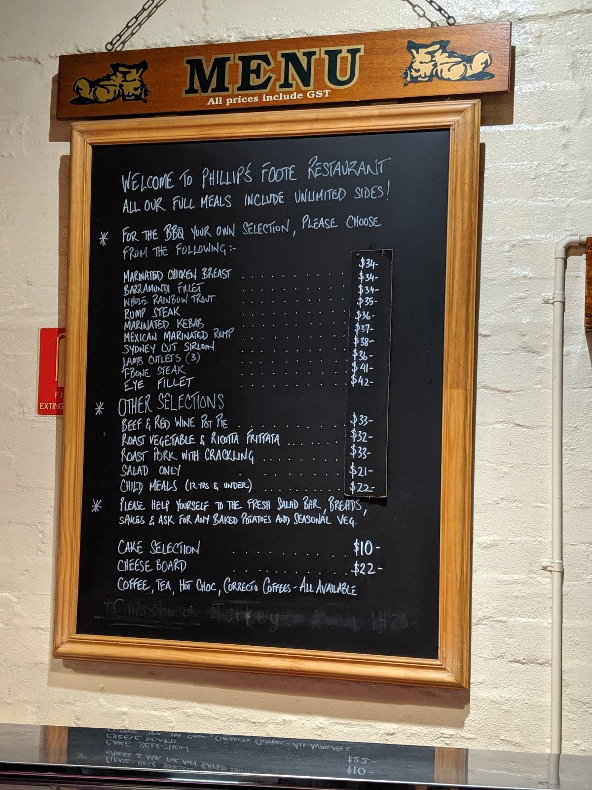Menu at Phillip's Foote steakhouse, The Rocks