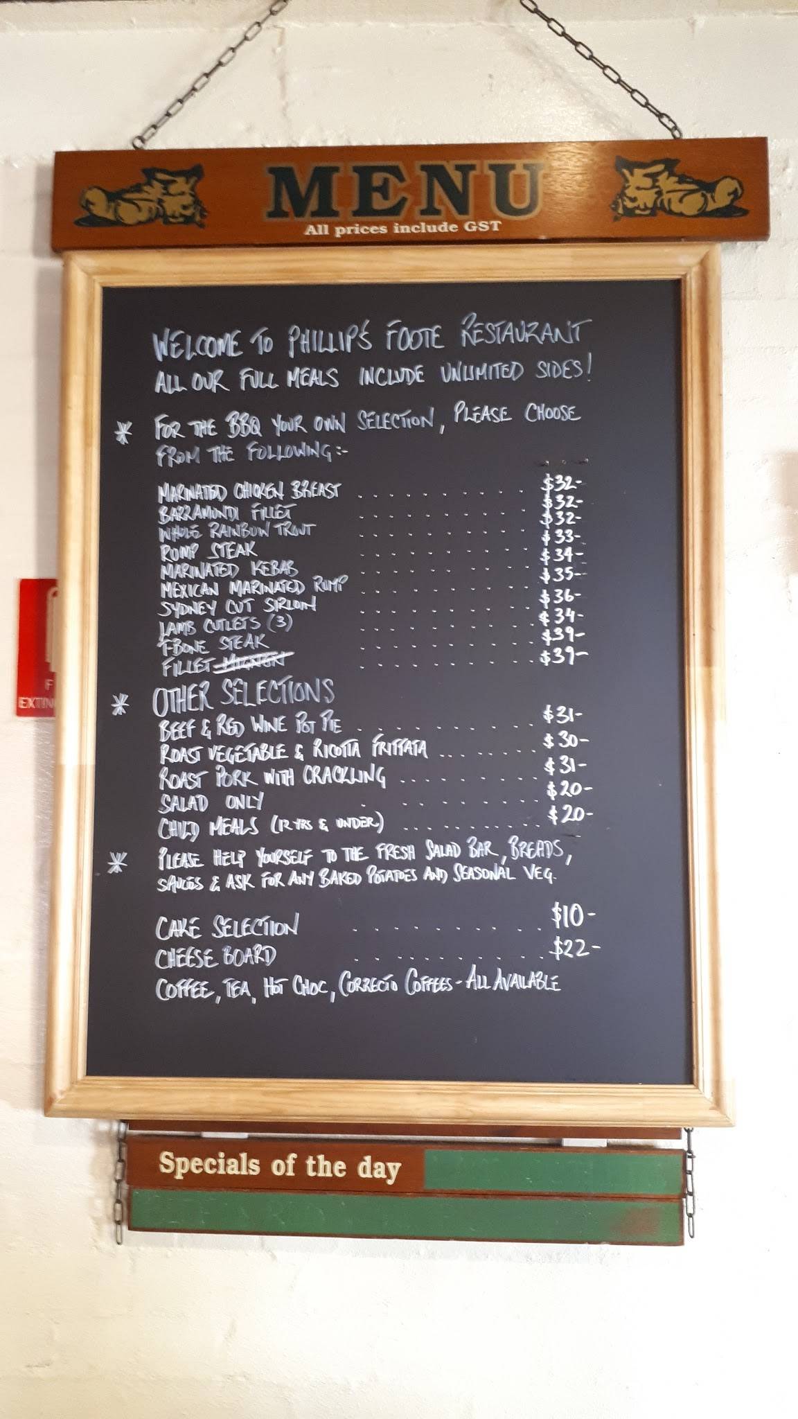 Menu at Phillip's Foote steakhouse, The Rocks
