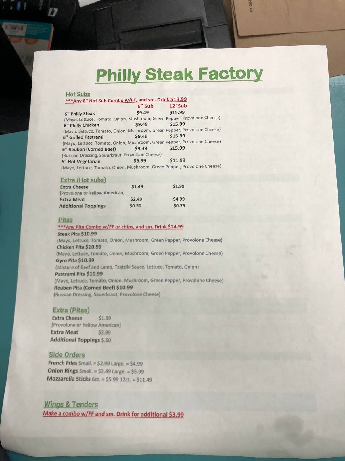 Menu at Philly Steak Factory steakhouse, Durham, New Hope Commons Dr