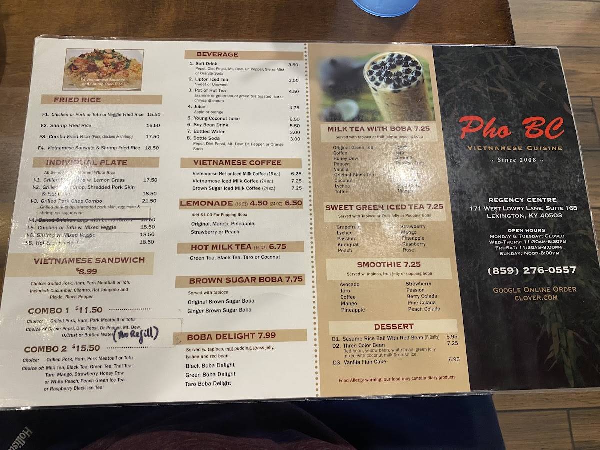 Menu at Pho BC restaurant, Lexington, 171 W Lowry Ln #168