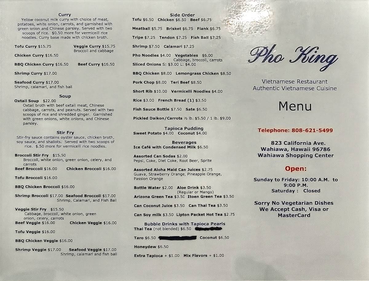 Menu at Phở King Vietnamese Restaurant, Wahiawa
