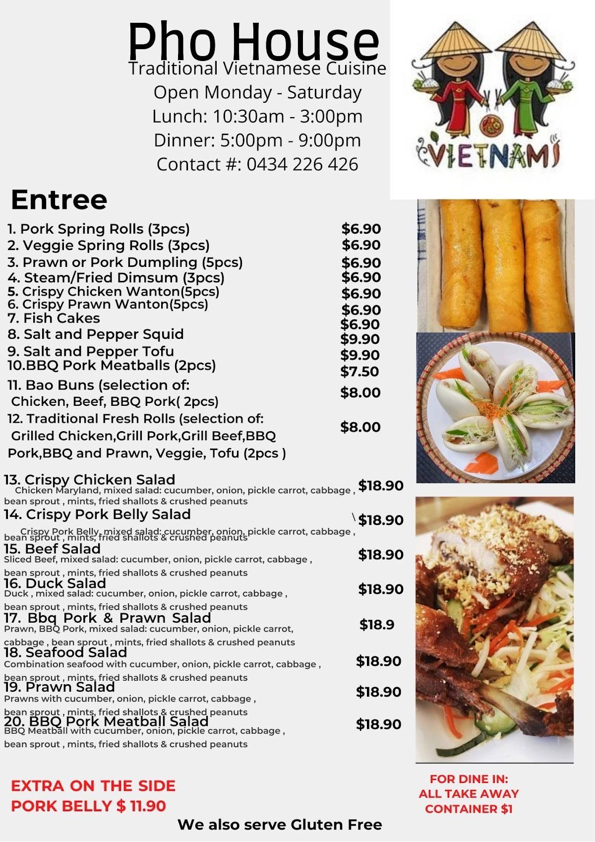 Menu at Pho house traditional Vietnamese food restaurant, Berserker