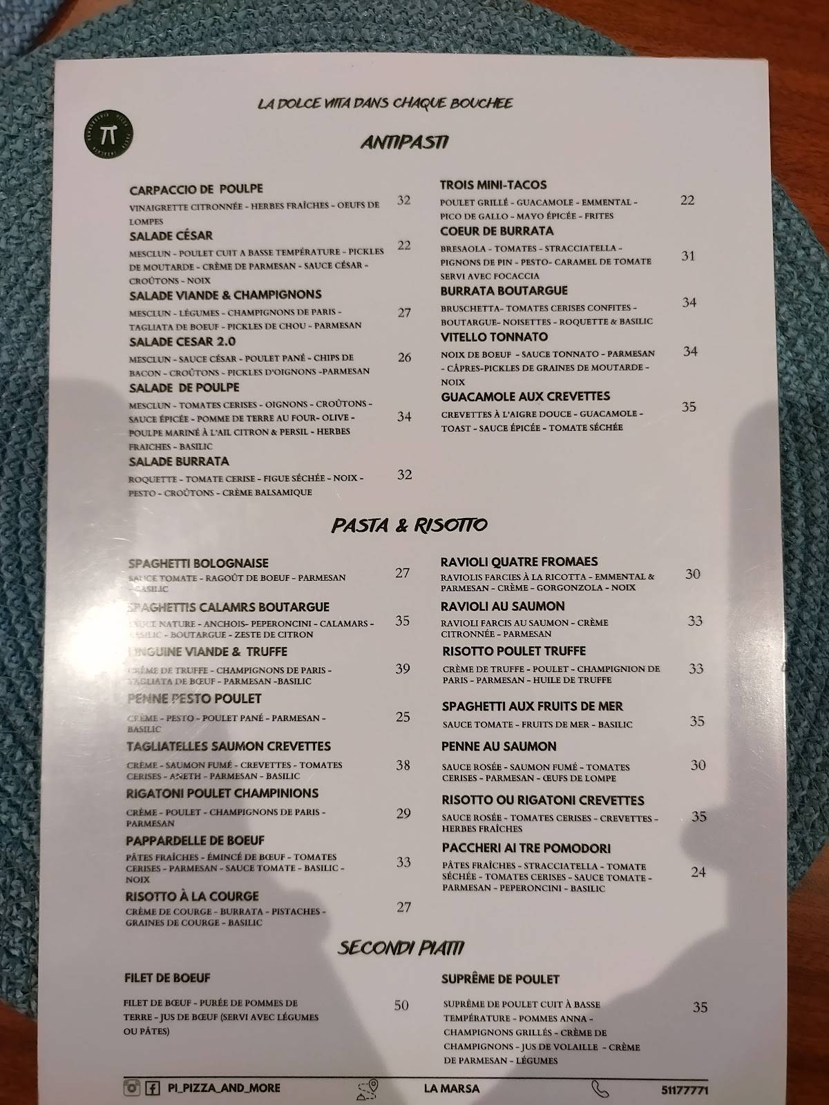 Menu au Pi restaurant, Marsa, V8F9+P6G