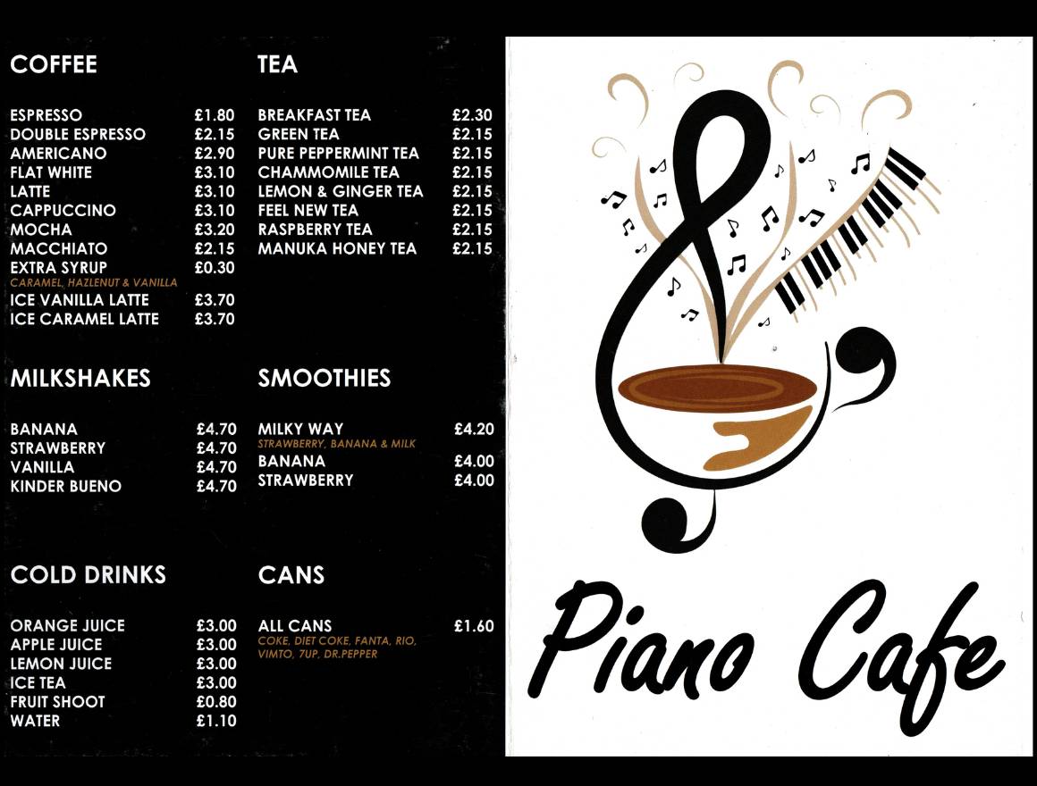 Menu at Piano Cafe, St Helens
