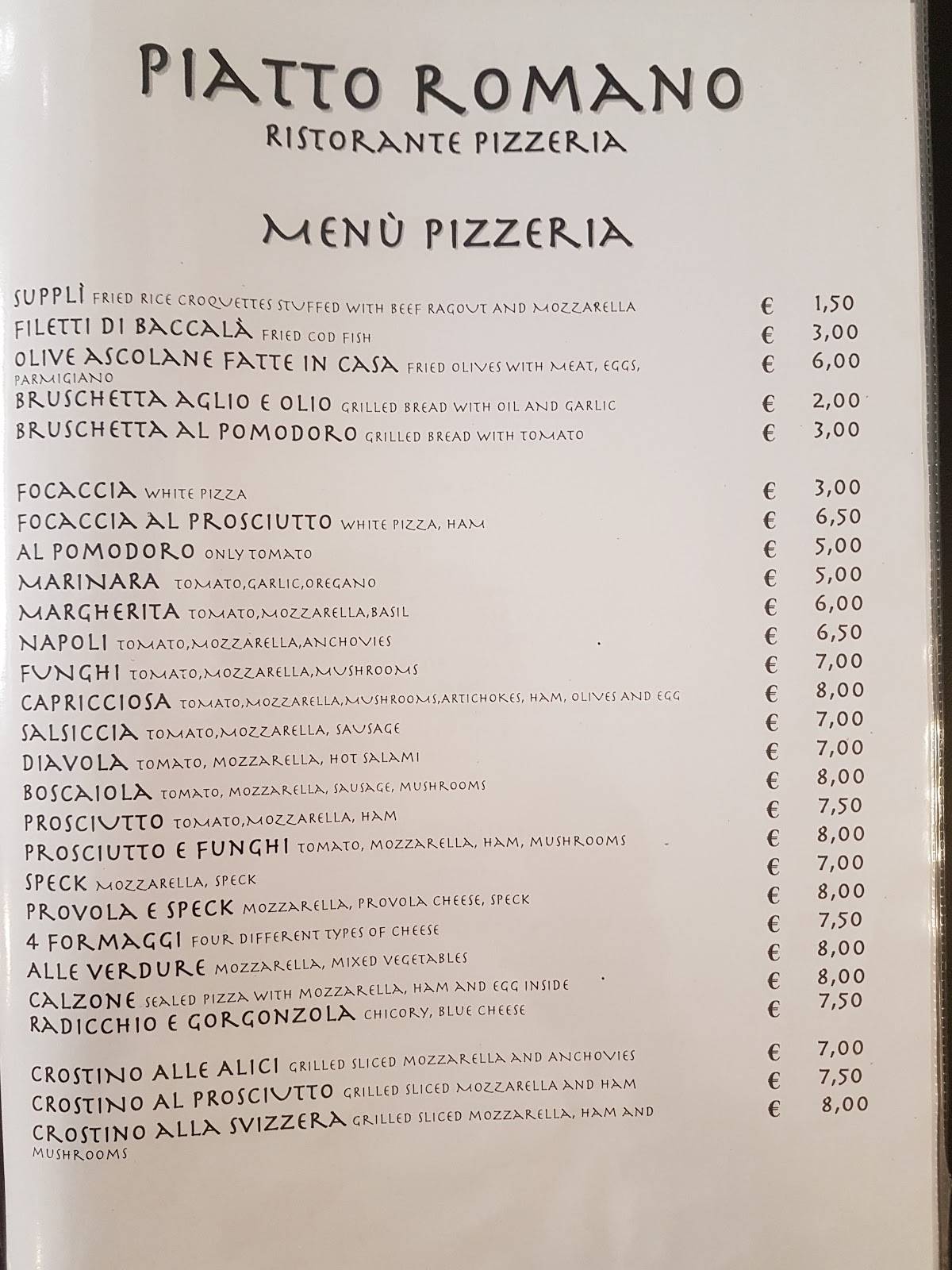 Menu at Piatto Romano restaurant, Rome