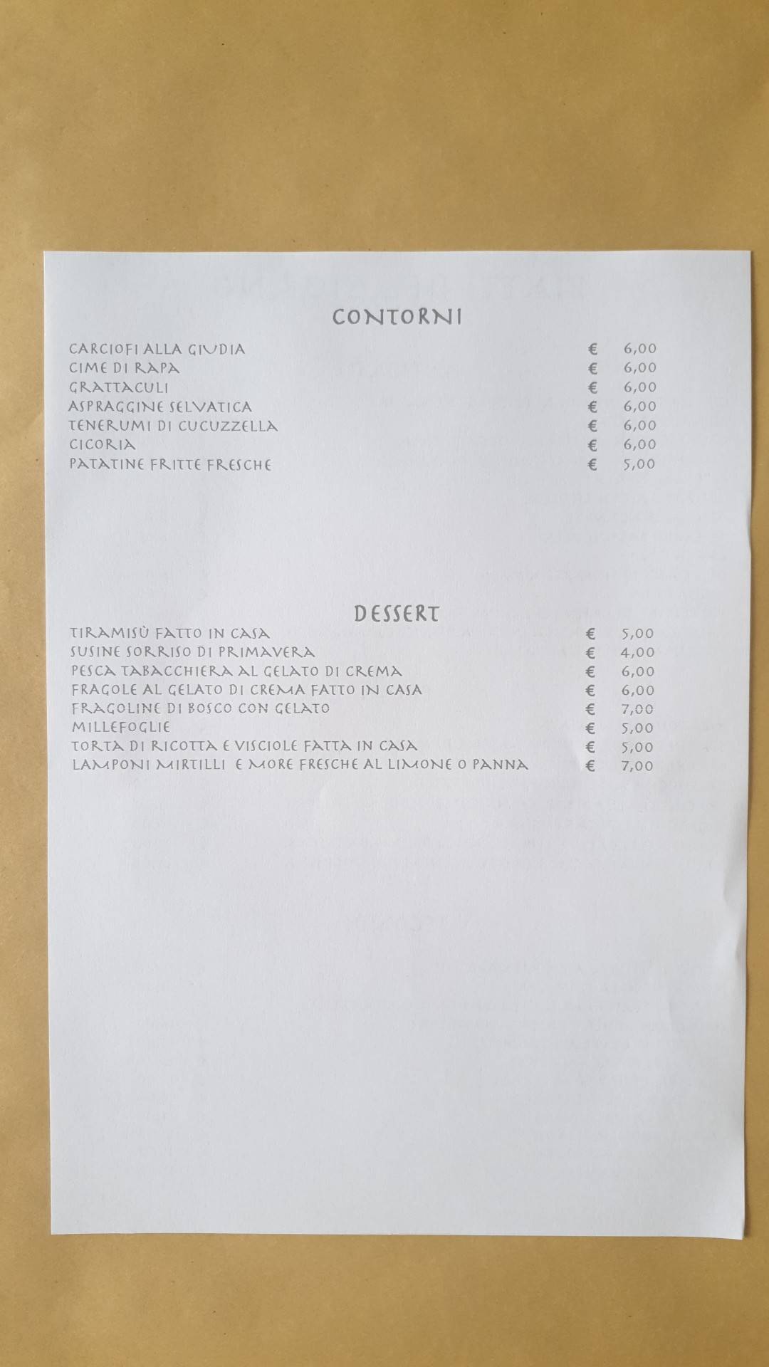Menu at Piatto Romano restaurant, Rome