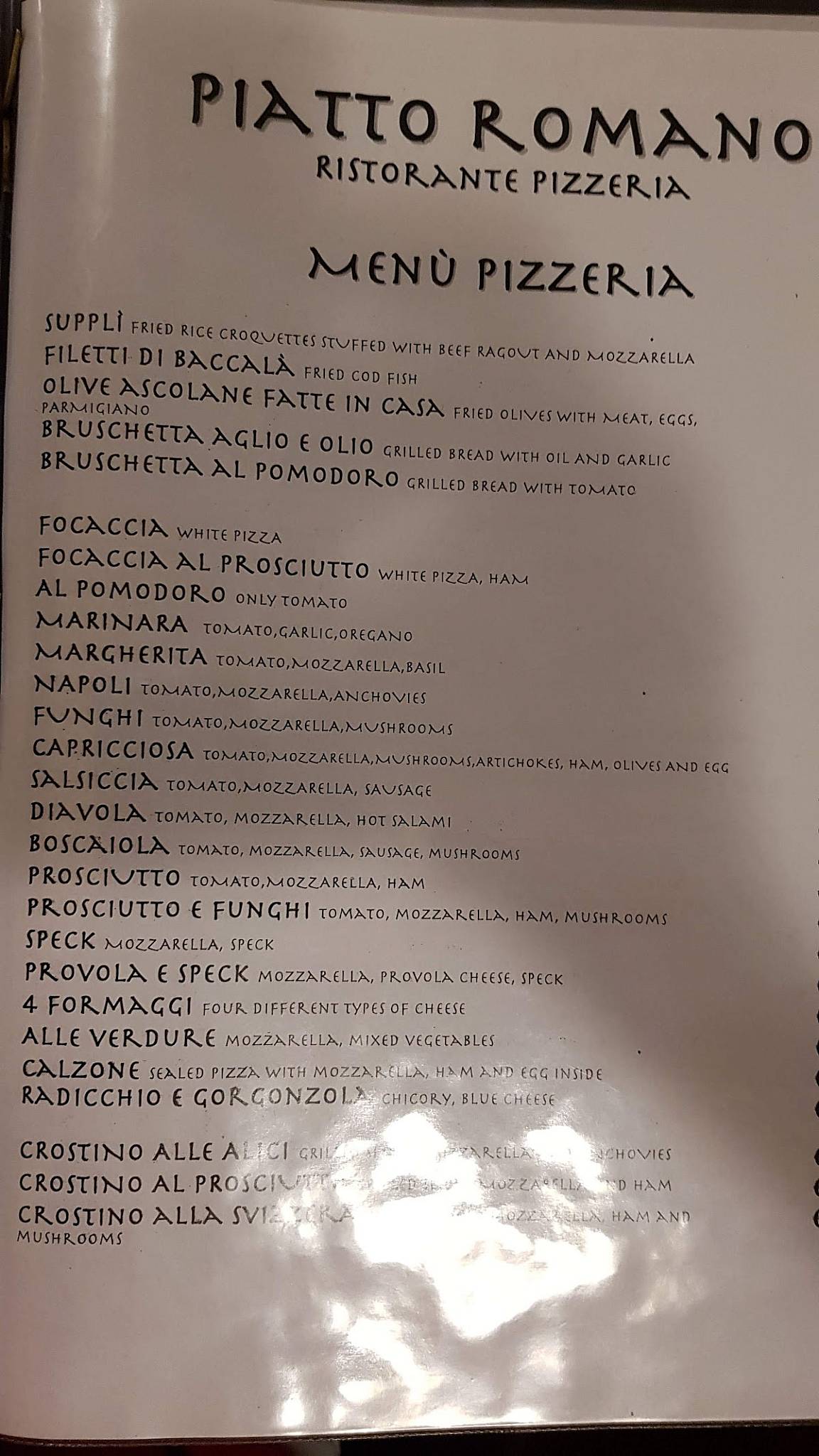 Menu at Piatto Romano restaurant, Rome