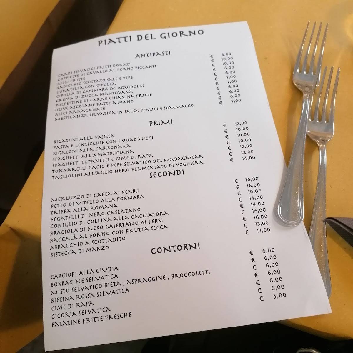 Menu at Piatto Romano restaurant, Rome