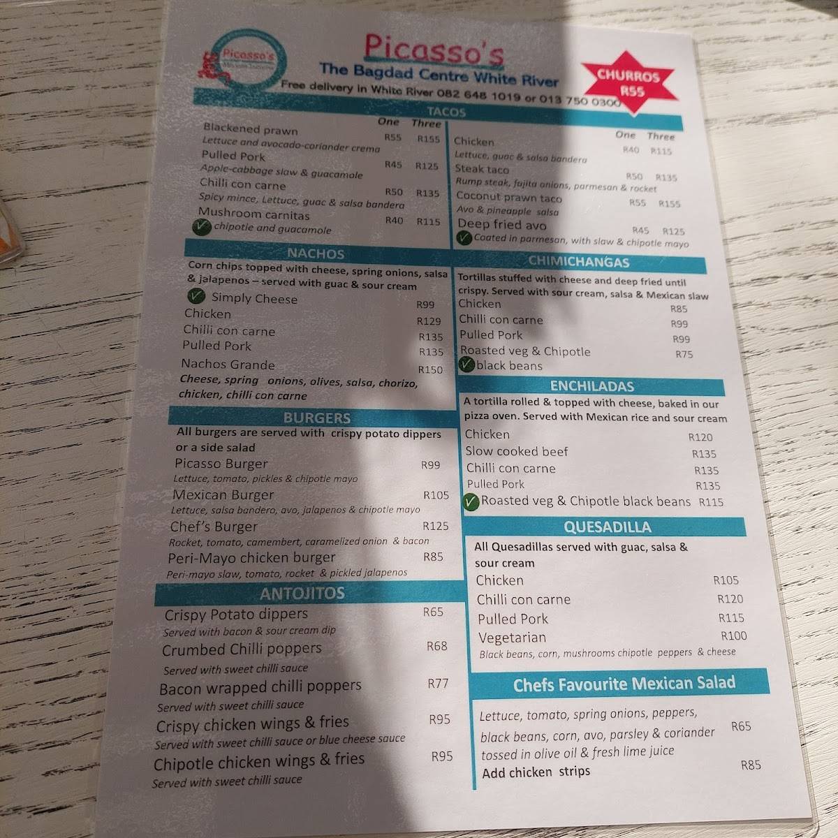 Menu at Picasso's Mexican Taqueria restaurant, White River