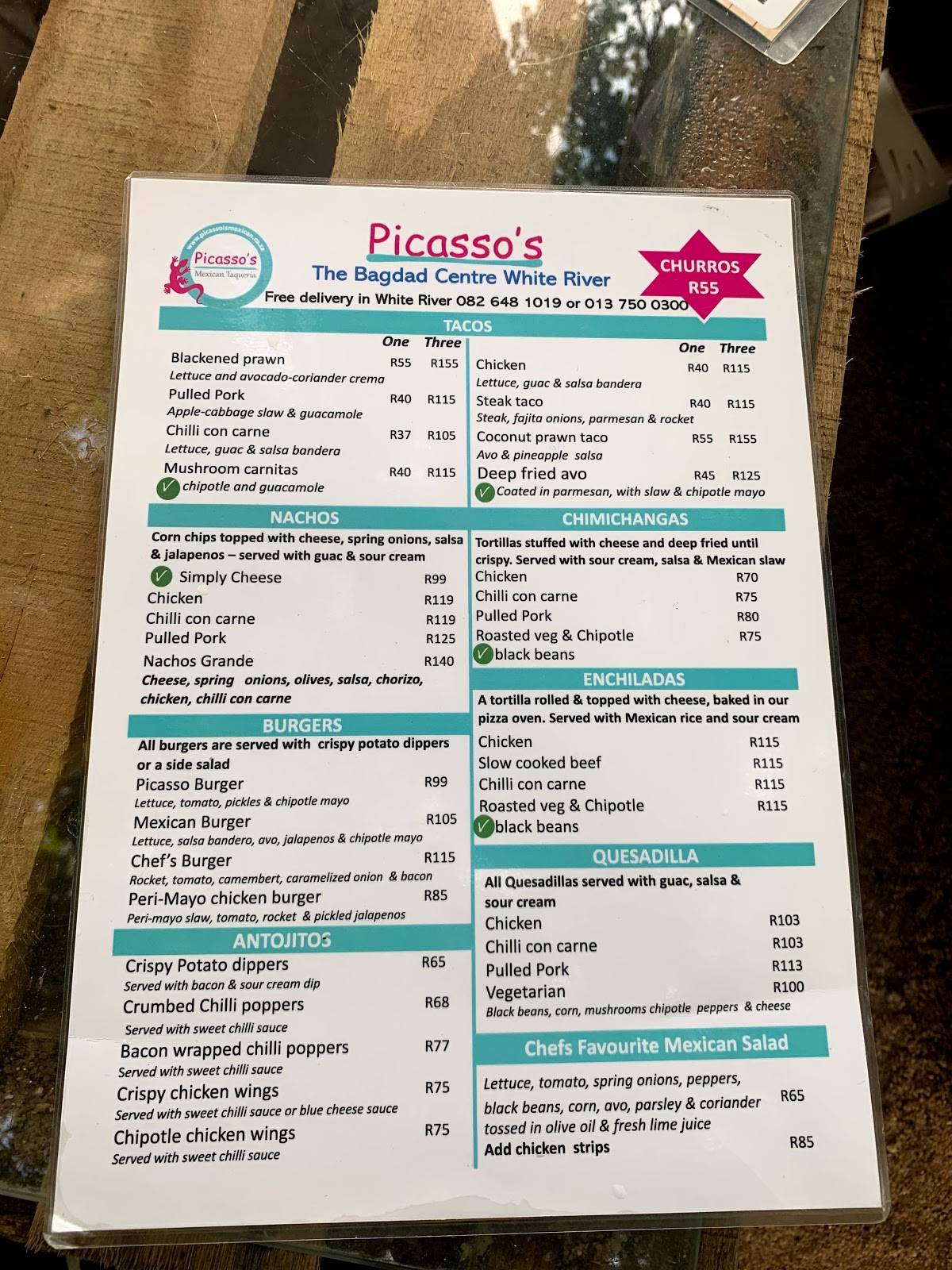 Menu at Picasso's Mexican Taqueria restaurant, White River