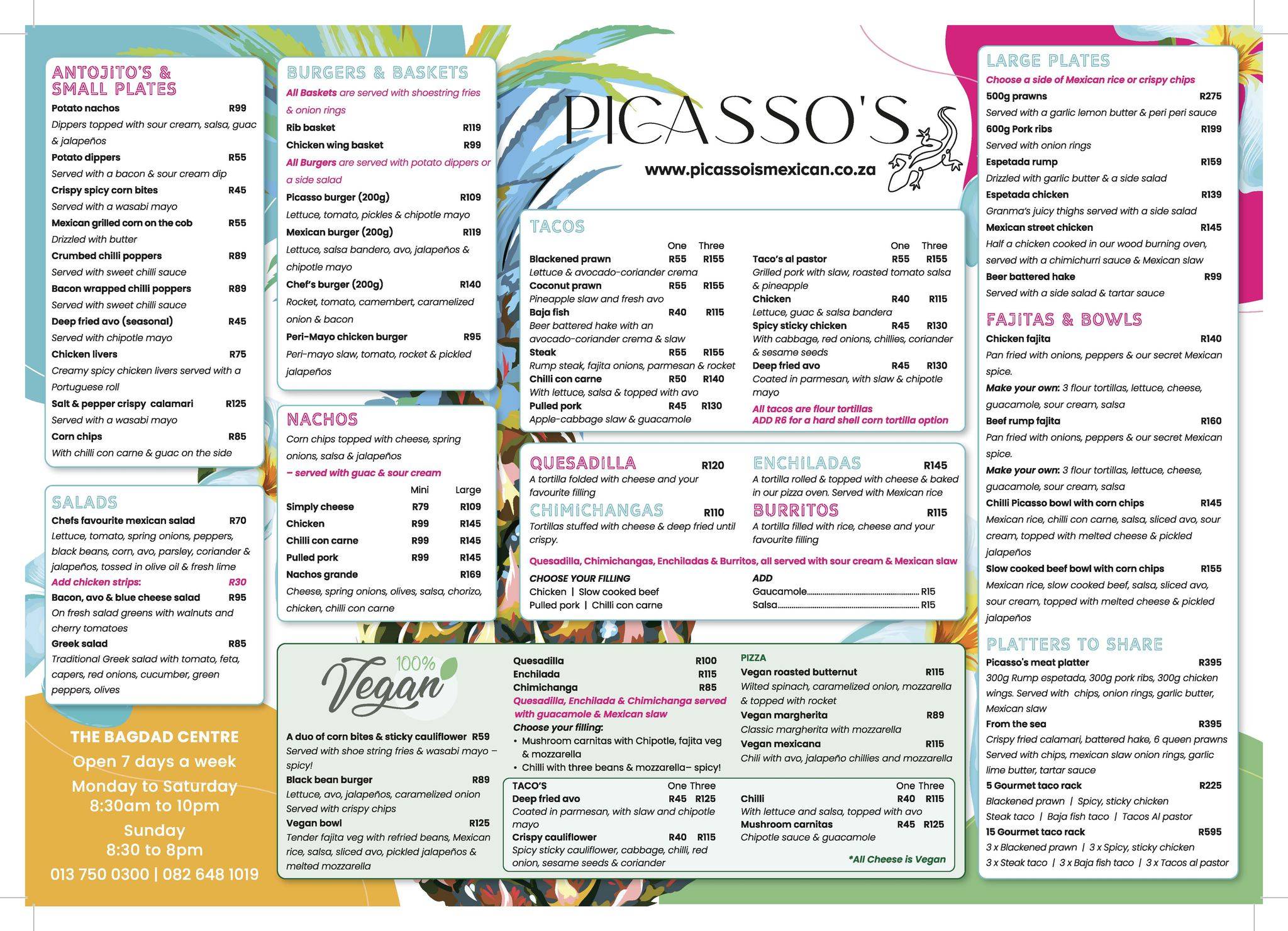 Menu at Picasso's Mexican Taqueria restaurant, White River