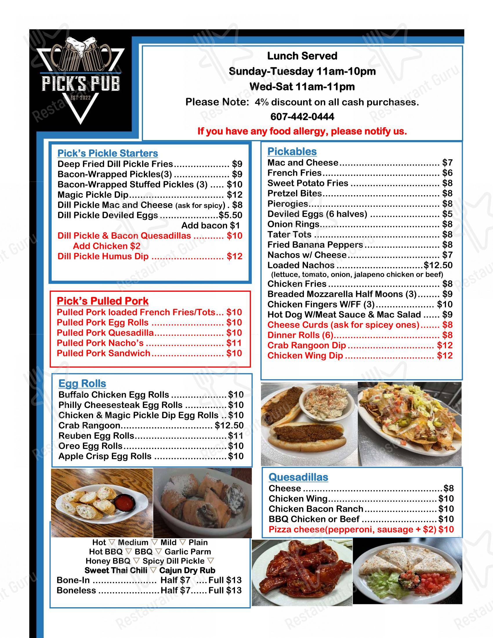 Menu at Pick's Pub, Elmira Heights